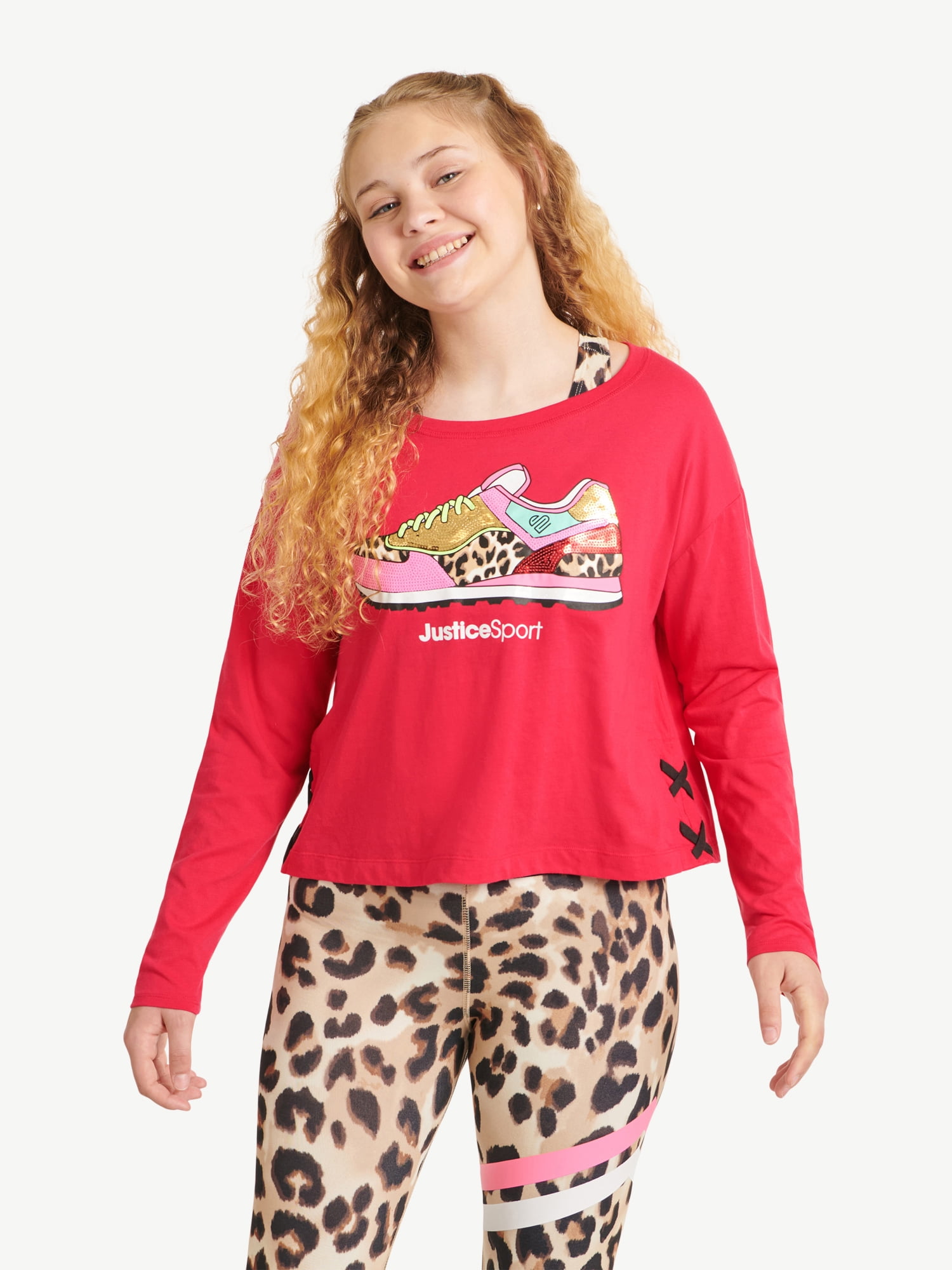 Justice Girls J-Sport Side Lace-Up 2-Fer Long Sleeve Top, Sizes XS-XLP ...