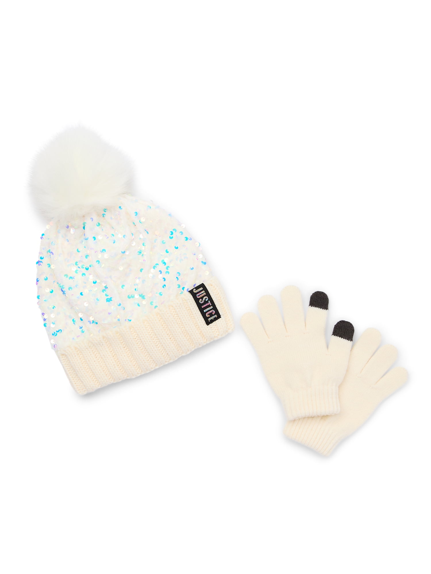 Justice Girls Sequin Beanie Hat with Pom and Gloves, 2-Piece Set, Ivory ...