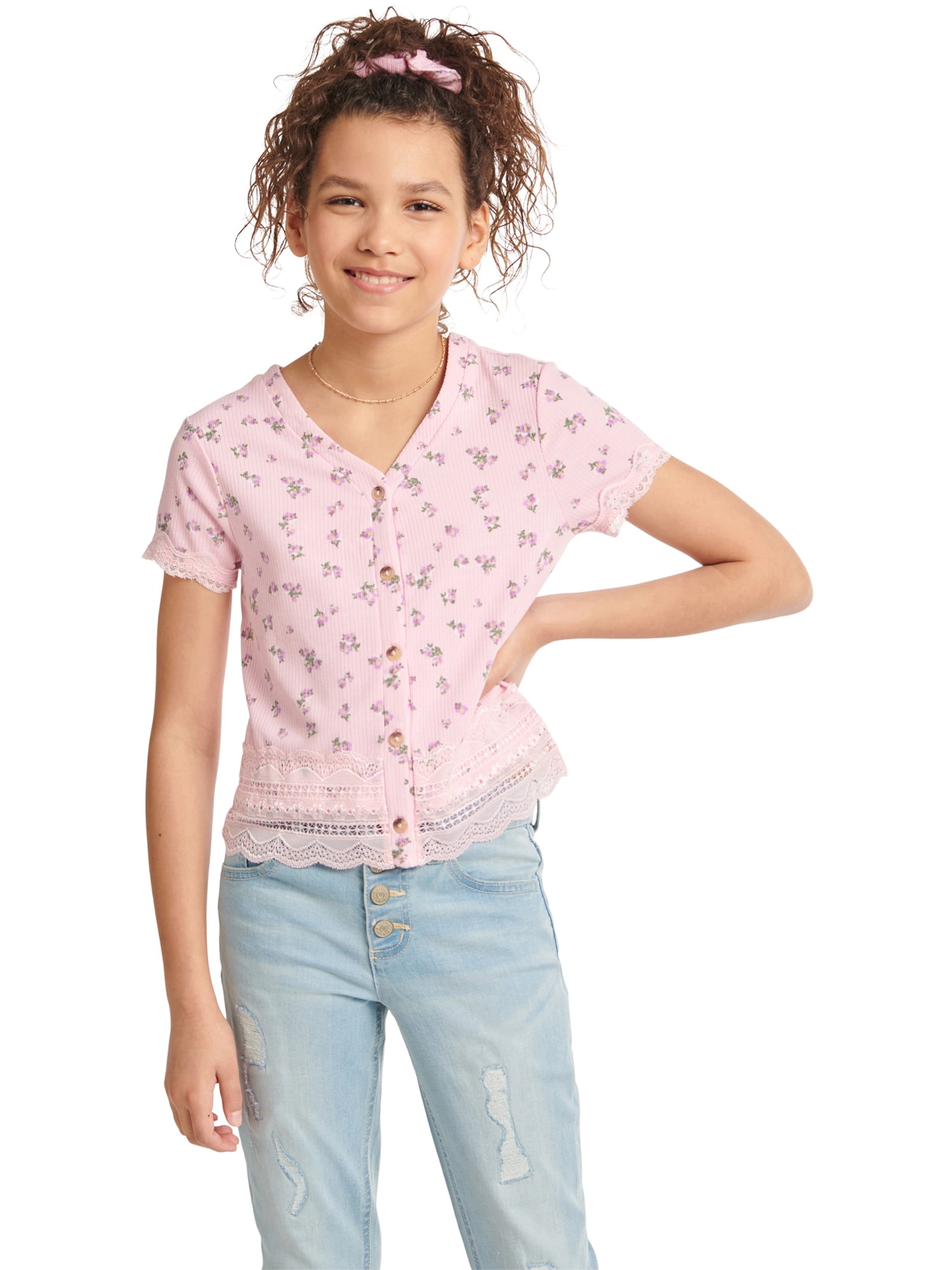 Justice Girls Lace Trimmed Button Front T-Shirt, Sizes XS-XLP - Walmart.com