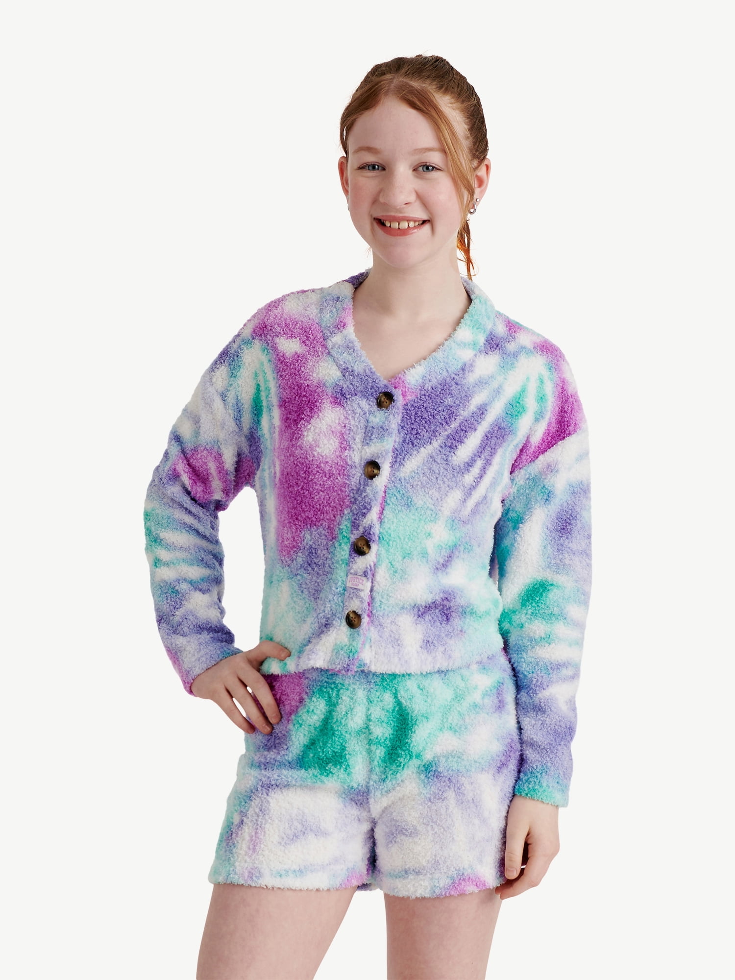 Justice Girls Long Sleeve Cardigan Sleep Top and Shorts, 2-Piece, Sizes ...