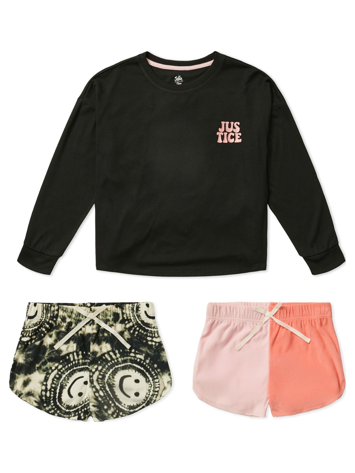 Justice Girls Long Sleeve Top and Sleep Shorts, 3-piece Pajama Set ...