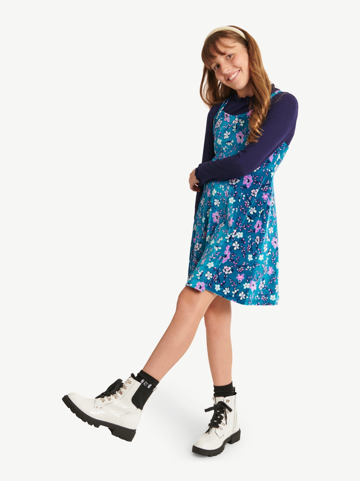 Justice Girls Mock Neck 2-Fer Velvet Dress, Sizes XS-XLP - Walmart.com