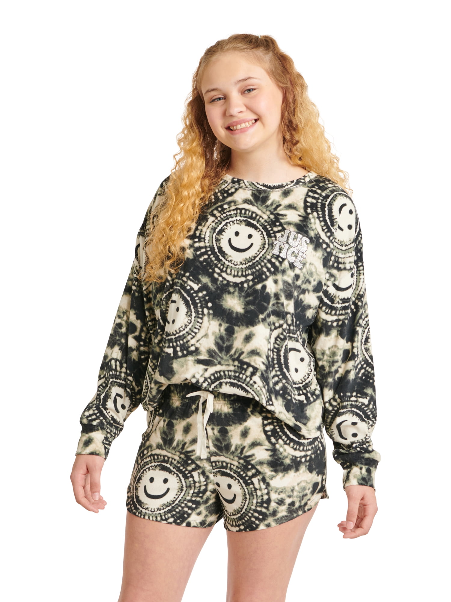 Justice Girls Printed Long Sleeve Top and Sleep Short, 2-piece Pajama ...