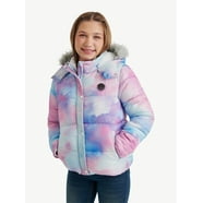 Pink Platinum Girls Heart Foil Printed Hooded Puffer Jacket, Sizes 4-16 ...