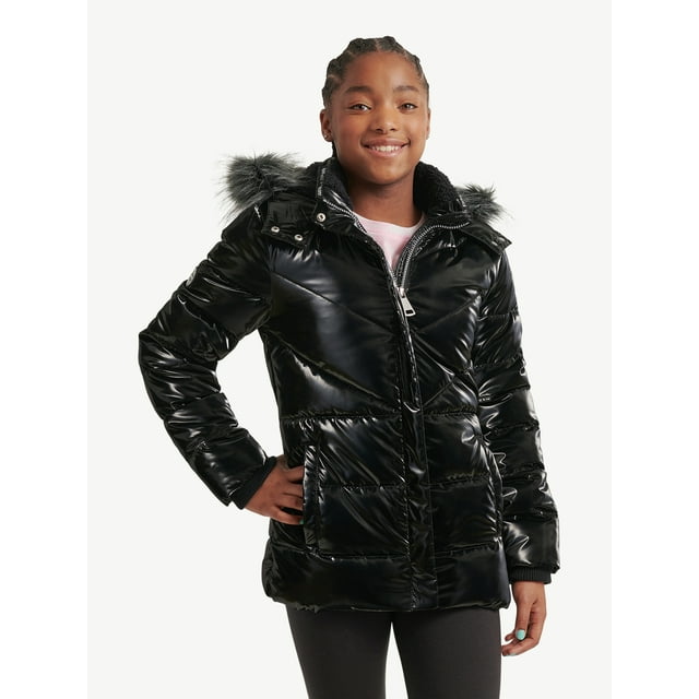 Justice Girls Puffer Jacket with Faux Fur Lined Hood, Sizes 5-18 ...