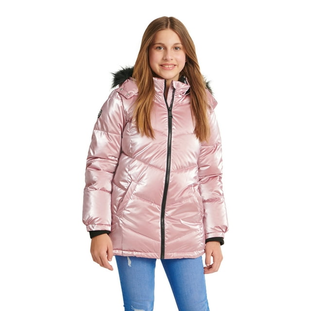 Justice Girls Puffer Jacket with Faux Fur Lined Hood, Sizes 5-18 ...