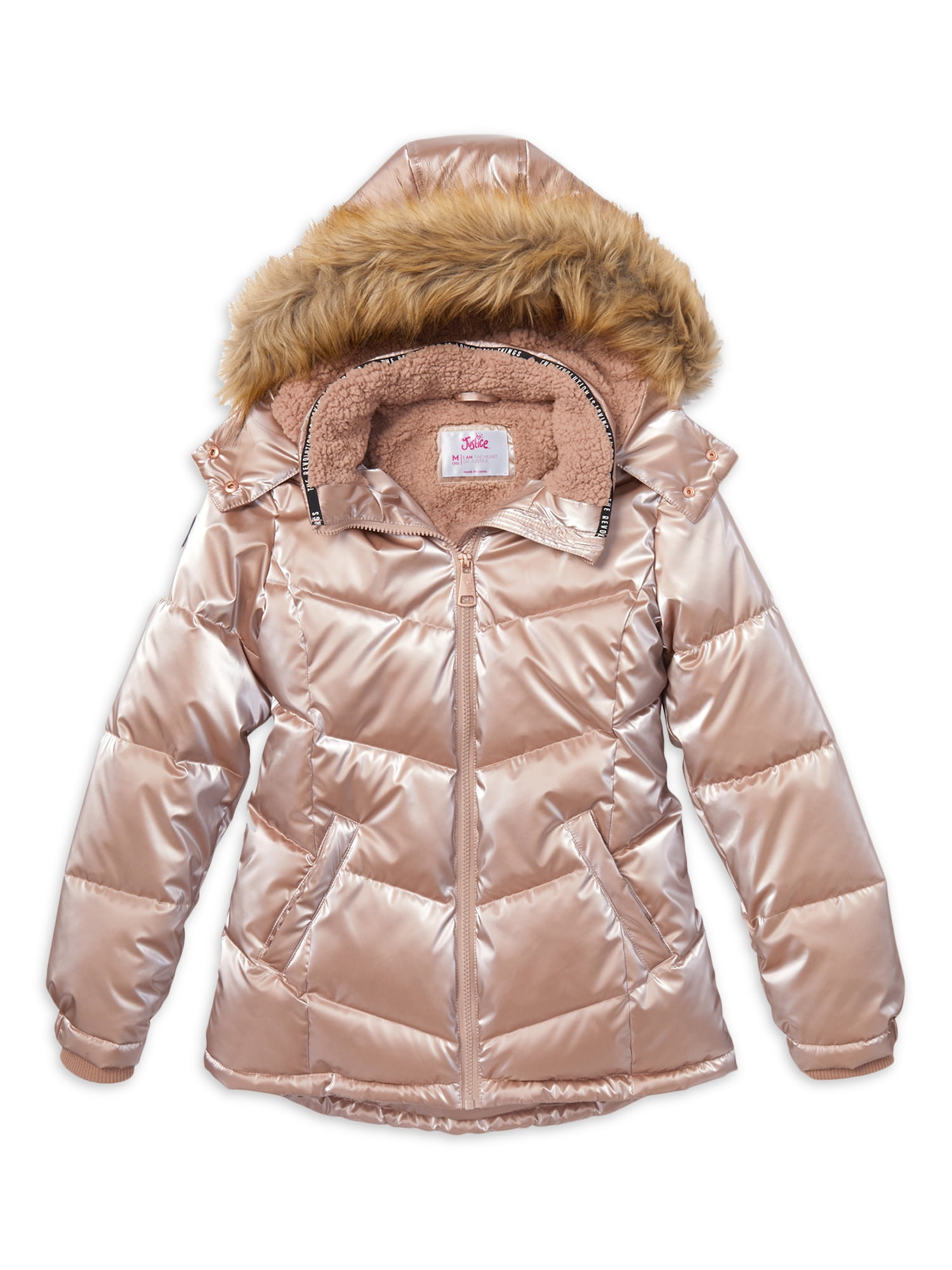 Justice Girls Puffer Jacket with Faux Fur Lined Hood, Sizes 5-18 ...