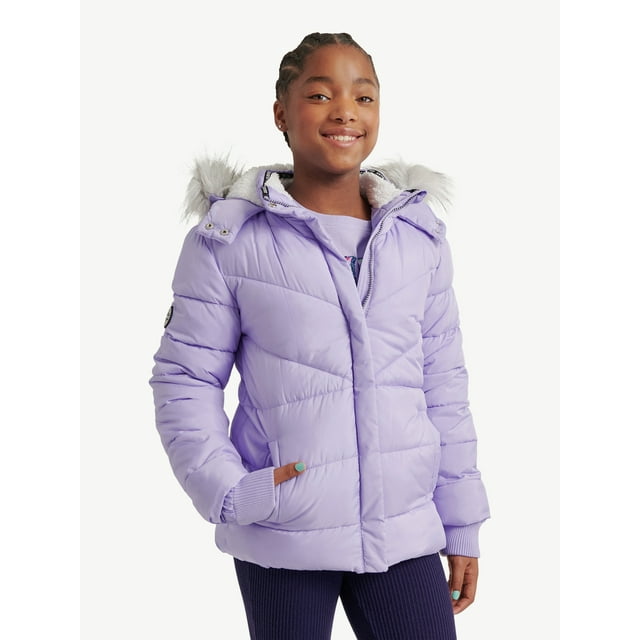 Justice Girls Puffer Jacket with Faux Fur Lined Hood, Sizes 5-18 ...