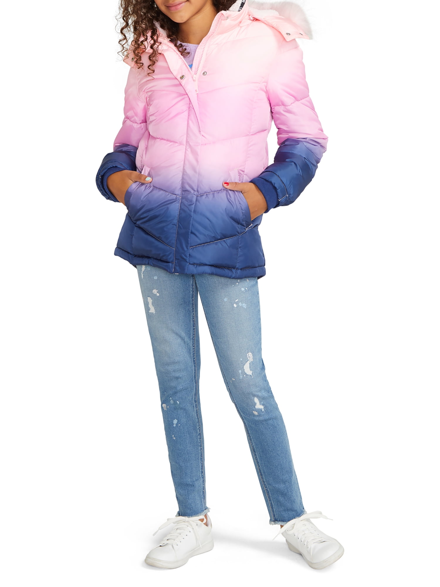 Justice Girls Puffer Jacket with Faux Fur Lined Hood, Sizes 5-18 ...