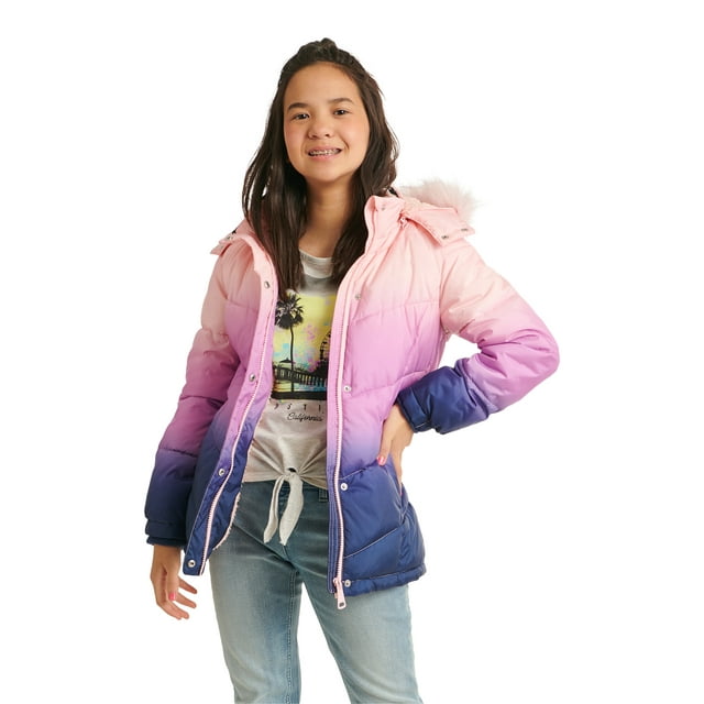 Free Shipping! Justice Girls Puffer Jacket with Faux Fur Lined Hood ...