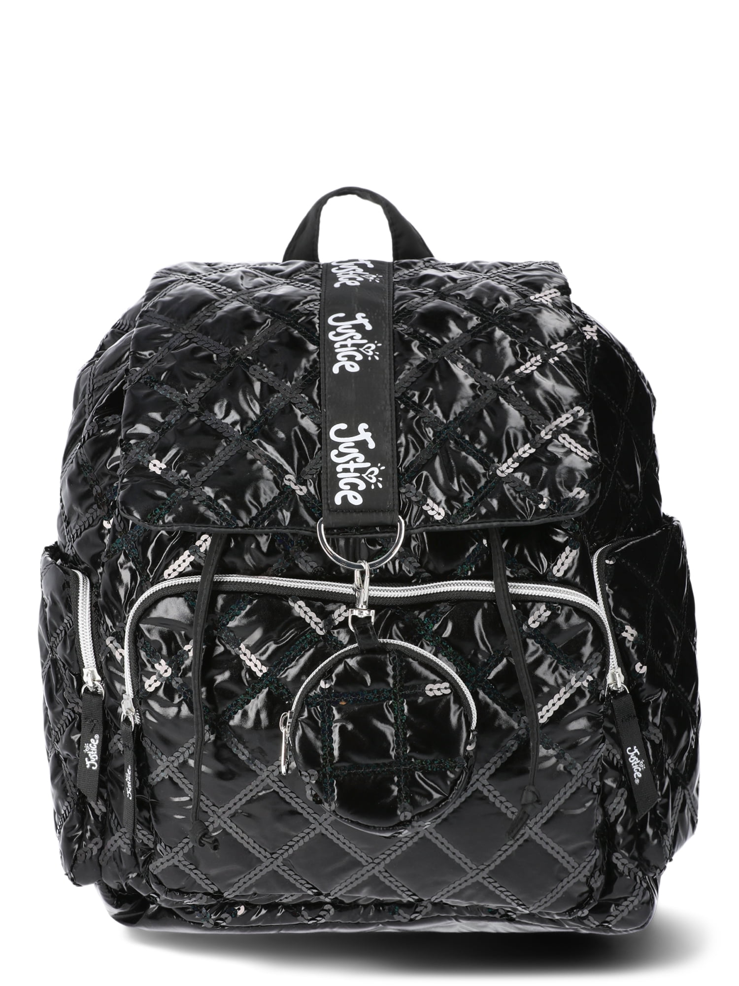 Justice Girls Quilted Sequin Rucksack Backpack with Coin Pouch, Black ...