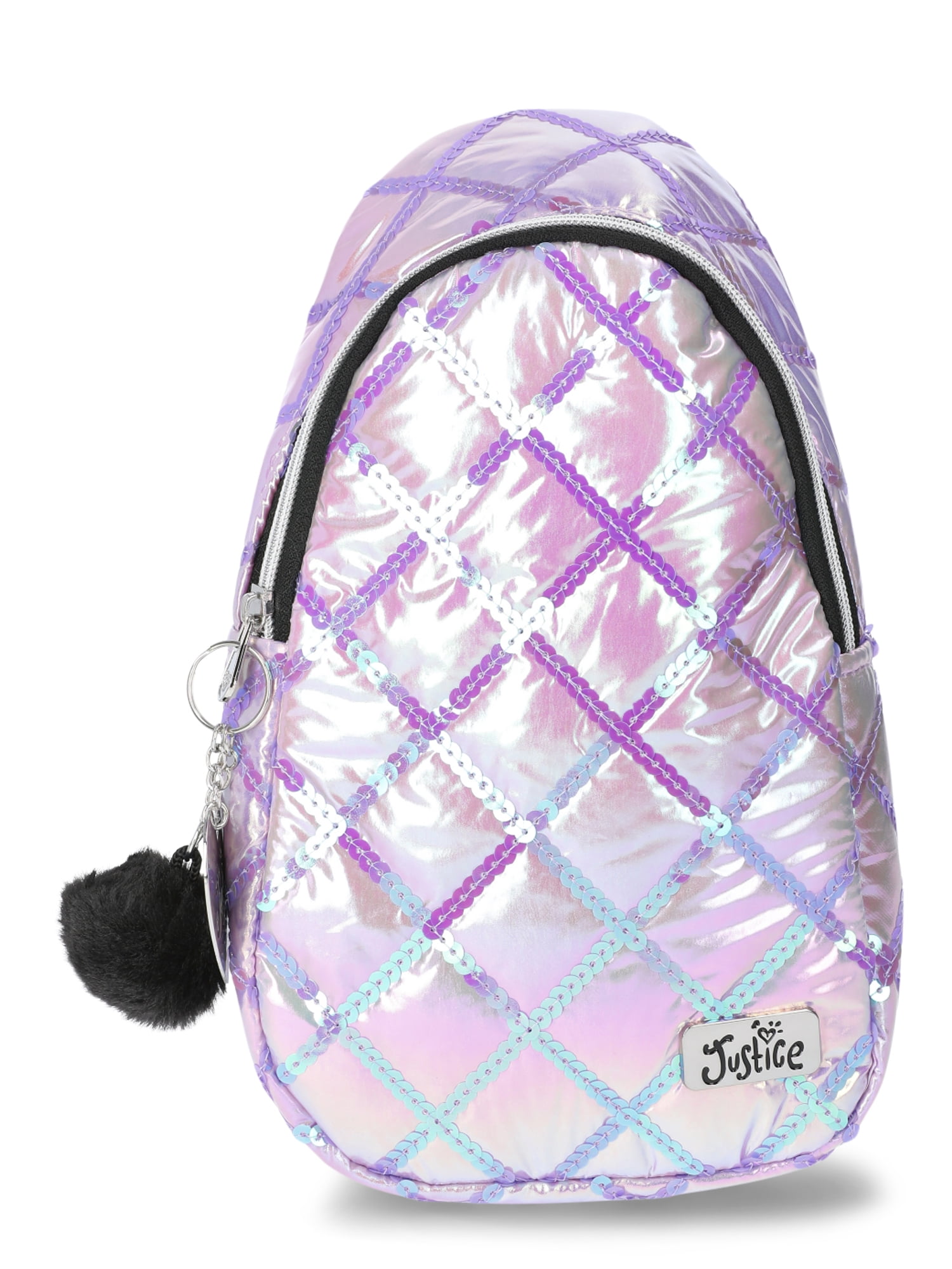 Justice Girls Quilted Sequin Sling Bag with Pom Pom Keychain, Purple ...