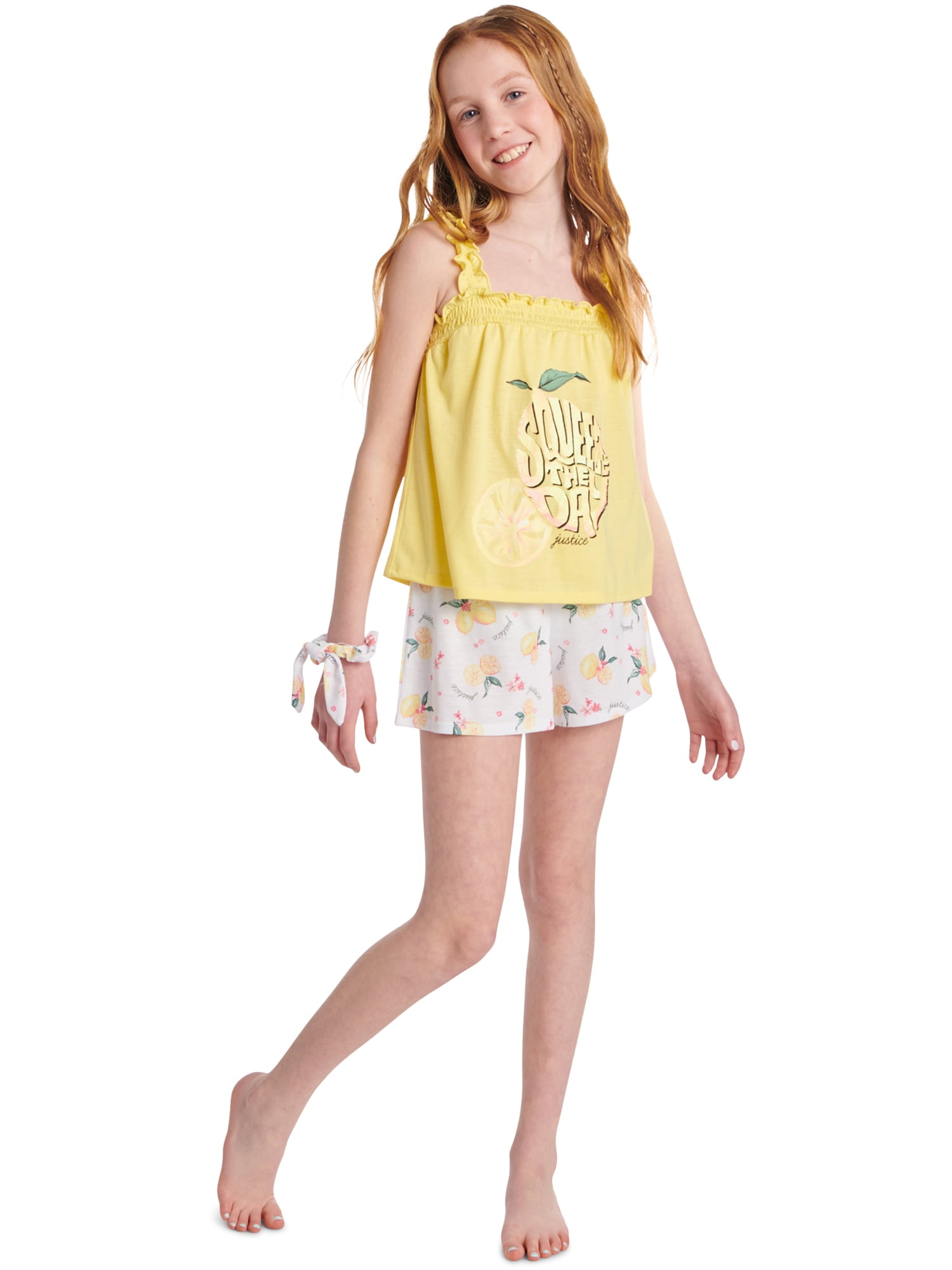 Justice Girls Smocked Tank and Short Pajama Set with Scrunchie, 2-piece ...