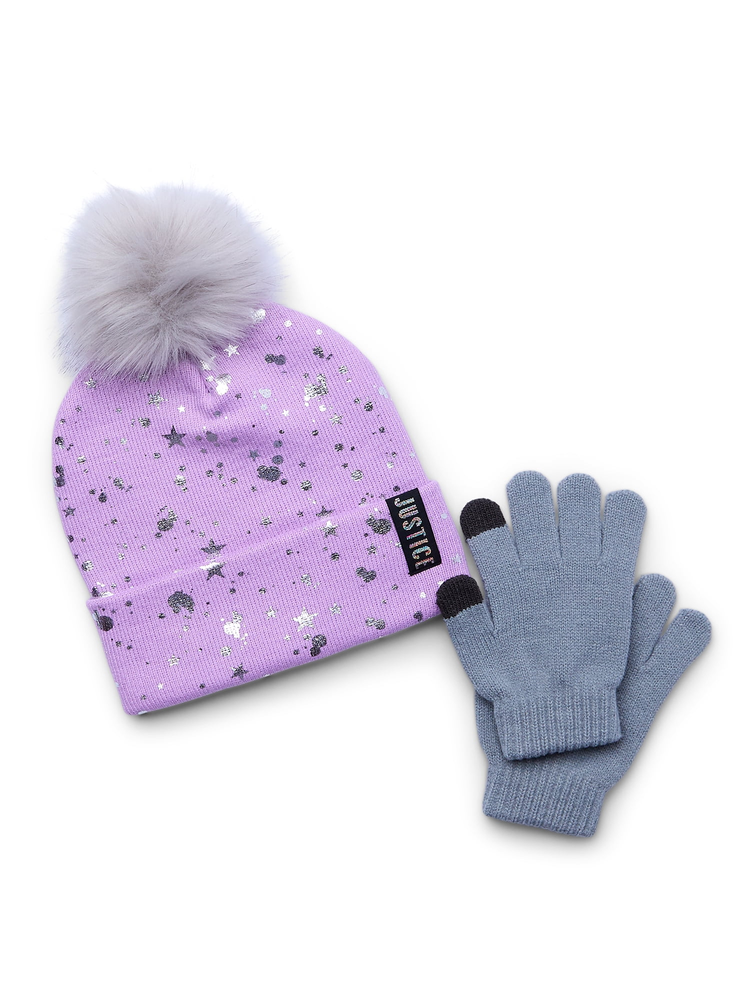 Justice Girls Shiny Knit Winter Hat and Gloves Set, Purple - Walmart.com
