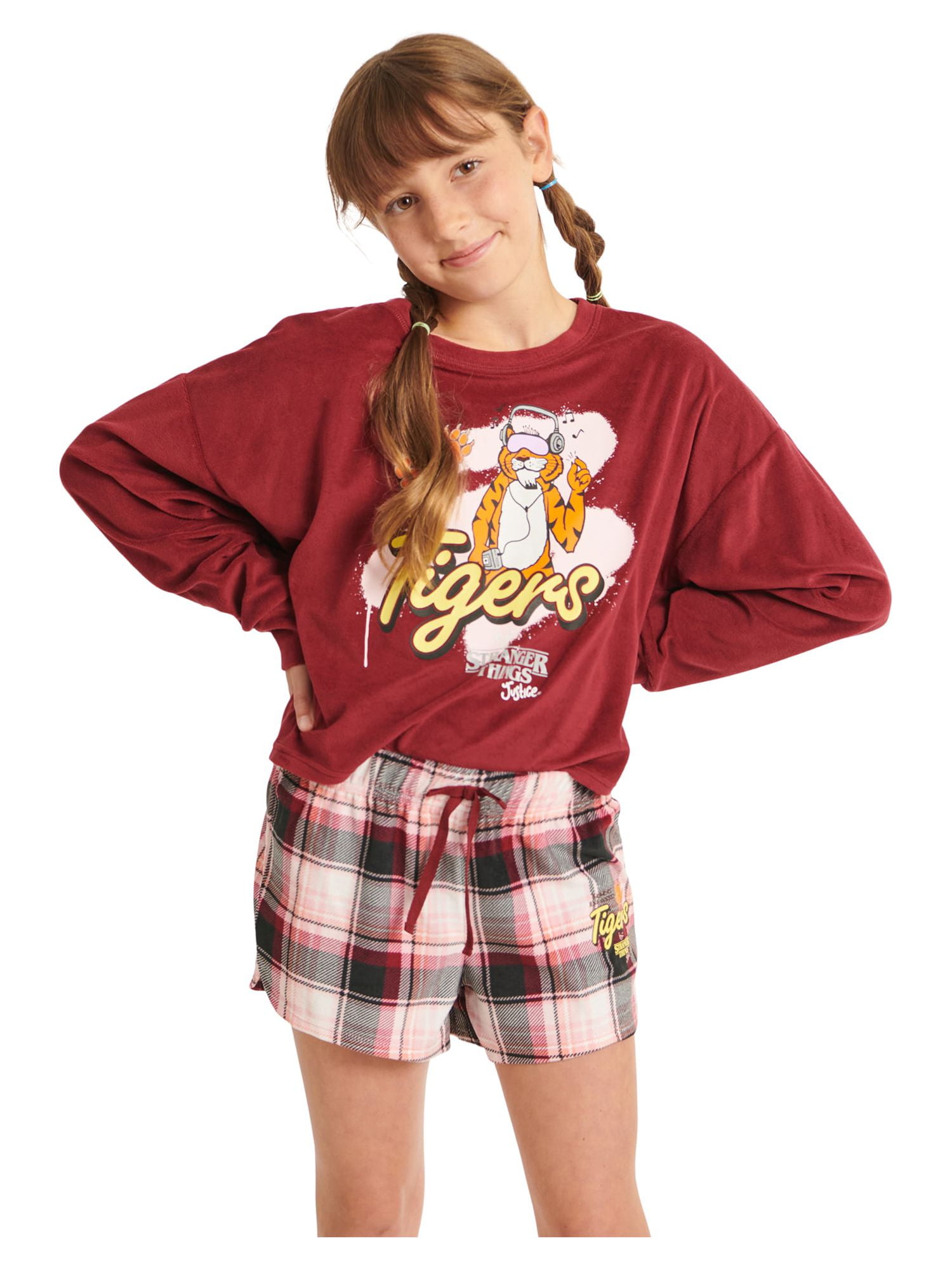 Justice Girls Stranger Things Long Sleeve Top and Plaid Sleep Short, 2 ...