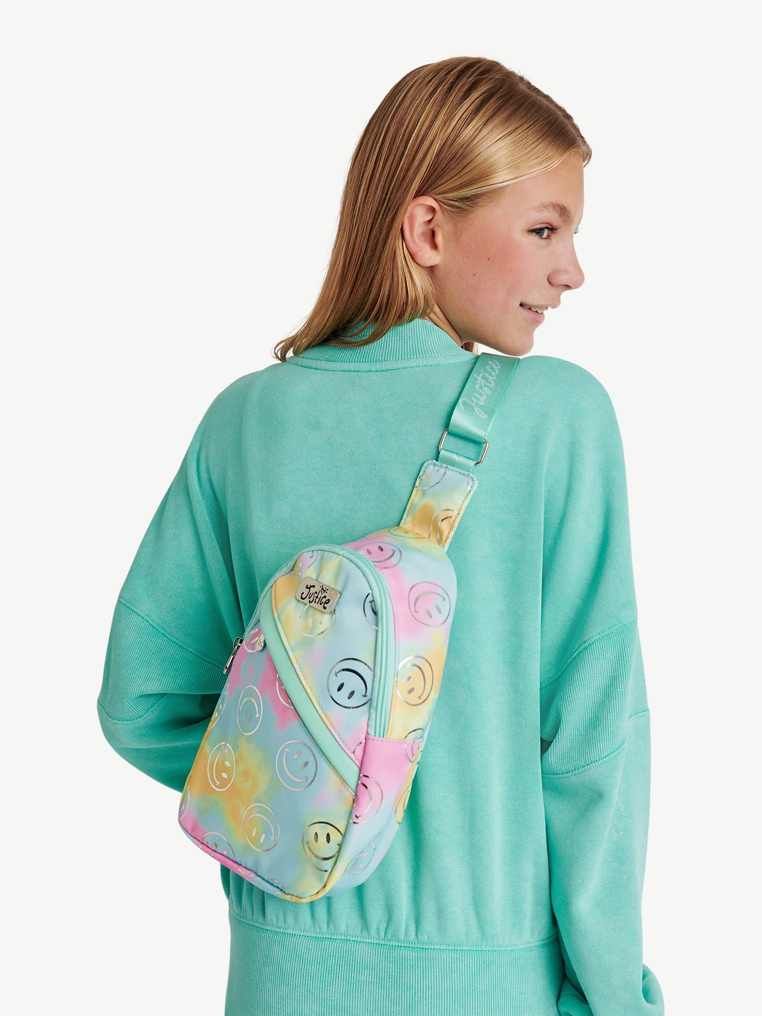 Justice Girls' Tie Dye Smiley Print Sling Bag with Lipstick Holder ...