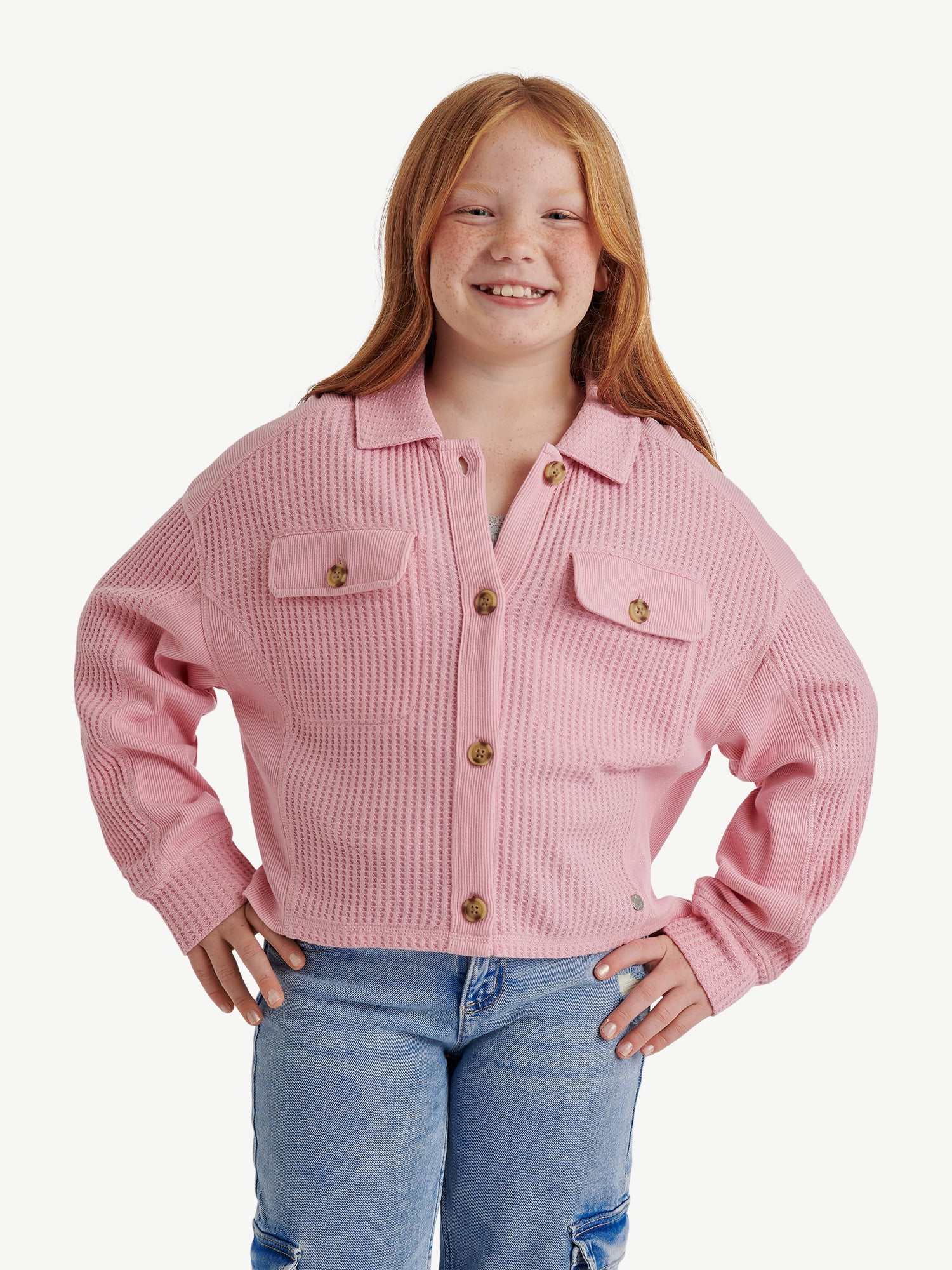 Justice Girls Waffle Shacket with Collar, Sizes XS-XLP, Cotton Blend ...