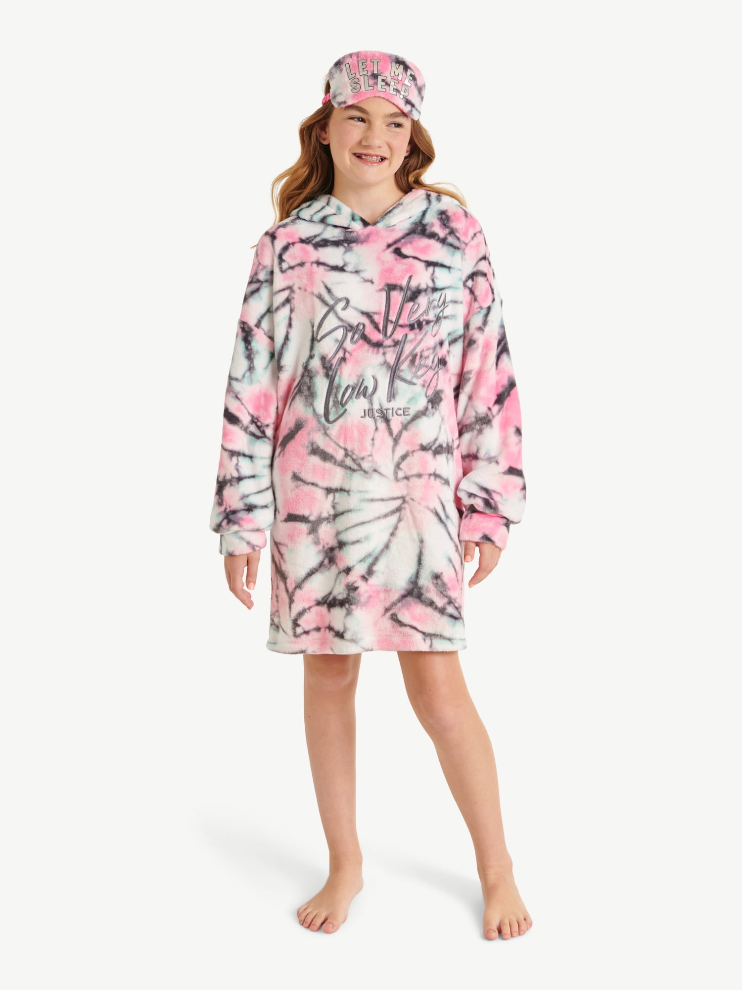 Justice Hooded Sleep Gown & Eye Mask Set, Women's, Tie Dye Print, Cozy ...
