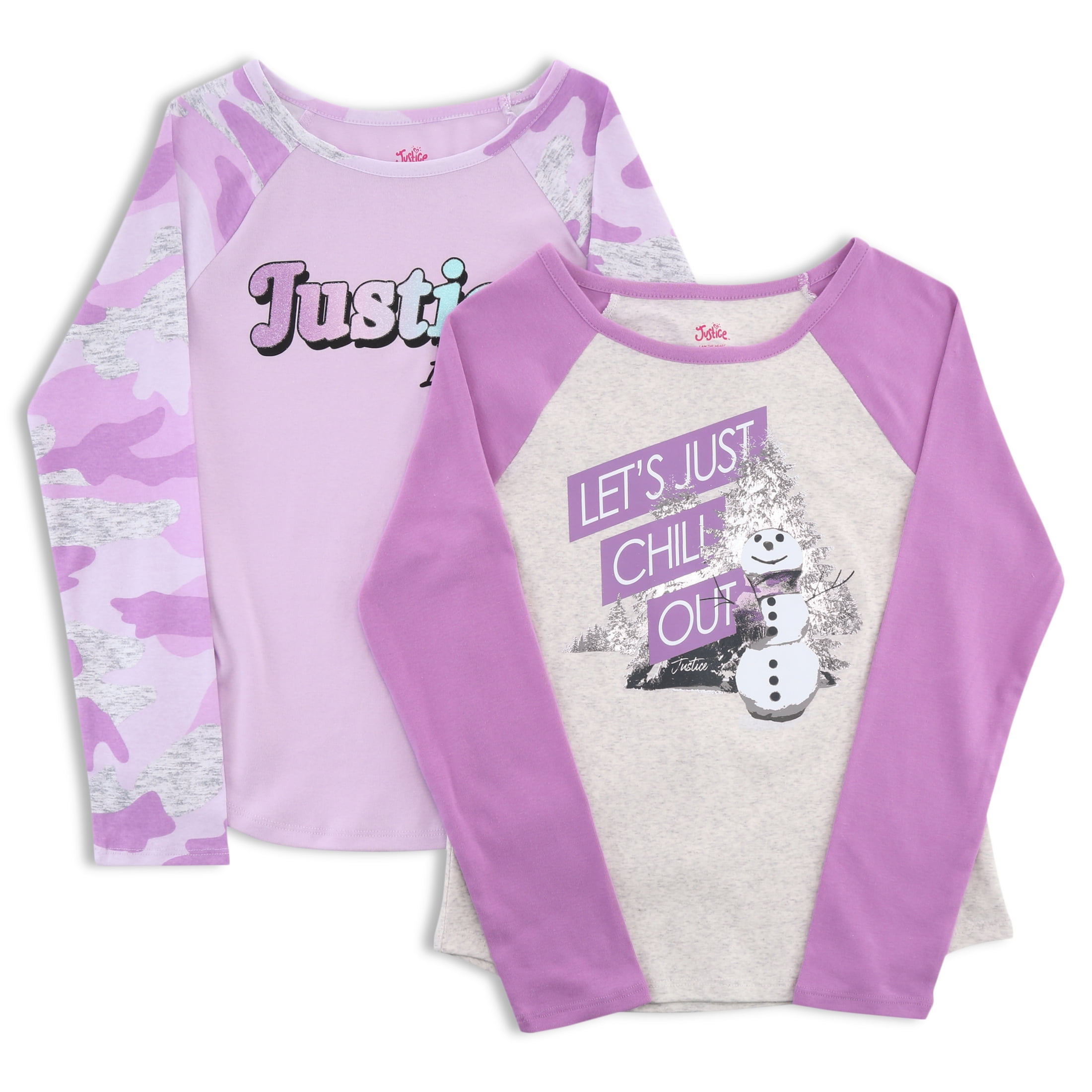 Justice Long Sleeve Raglan Graphic Shirts (Girl's), 2-Pack, Sizes 5-18 ...