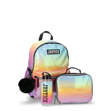 Justice Girls' Sequined 4-Piece Backpack Set with Lunch Bag, Silver ...