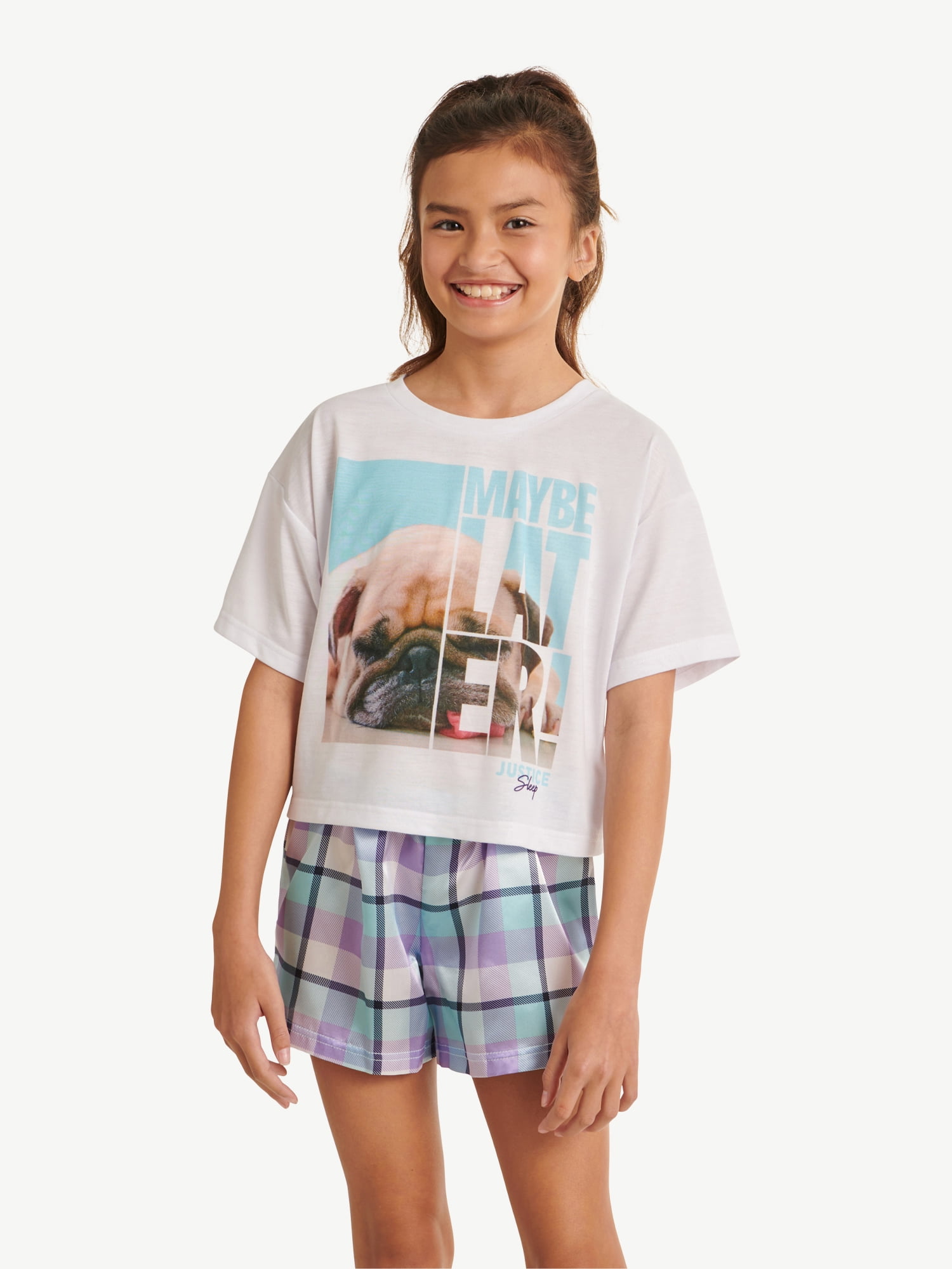 Justice 2-Piece Pajama Set, Short Sleeve Top and Plaid Shorts, Sizes 5 ...