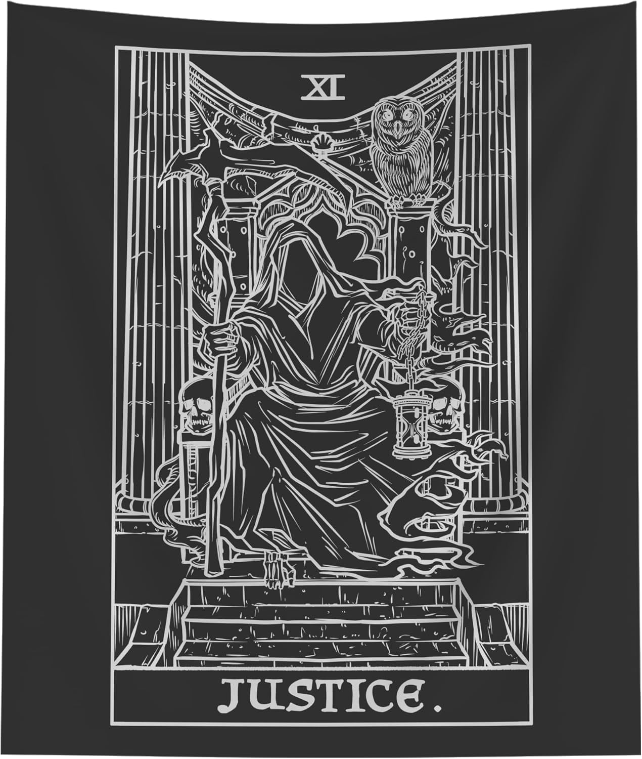 Justice Tarot Card Tapestry (Black & White) - Grim Reaper - Gothic ...