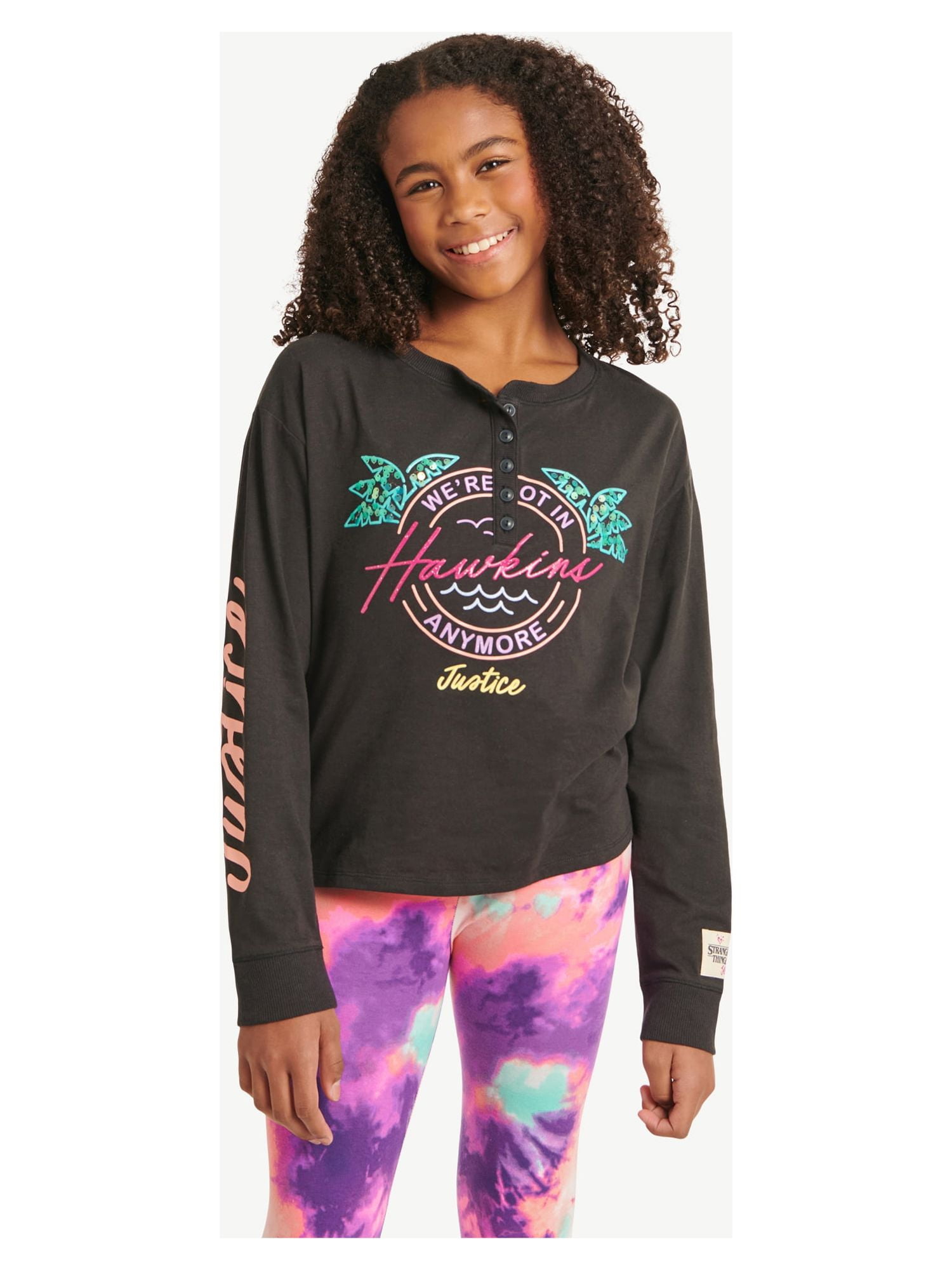 Justice x Stranger Things Girls Long Sleeve Henley Graphic T-Shirt ...