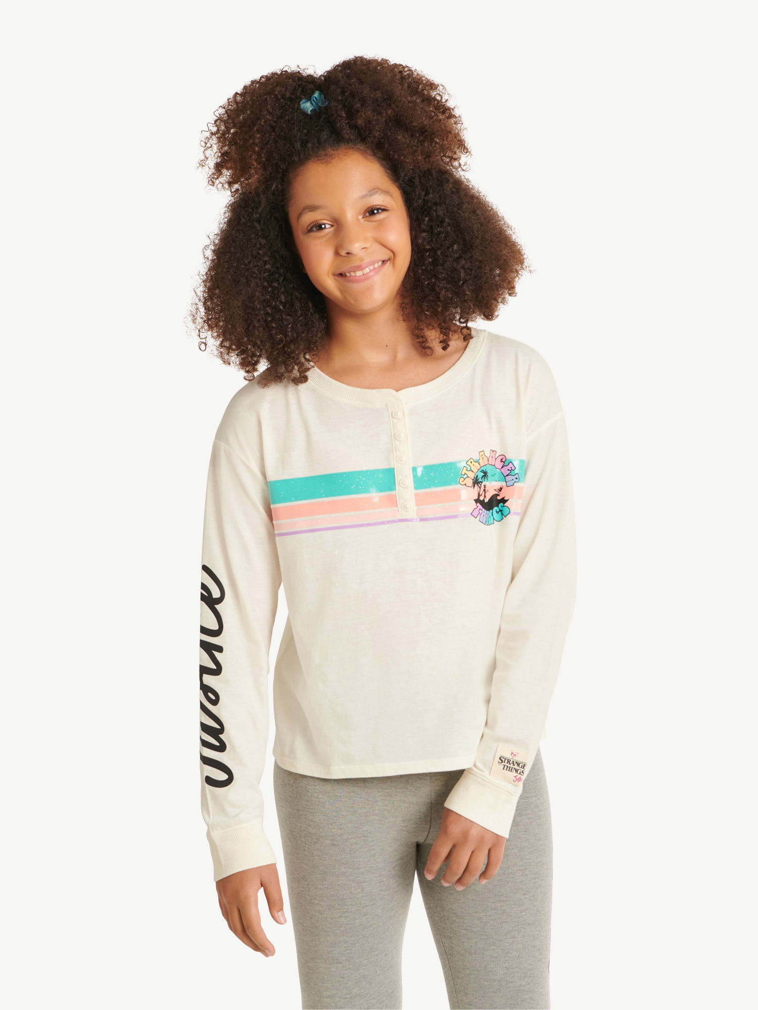 Justice x Stranger Things Girls Long Sleeve Henley Graphic T-Shirt ...
