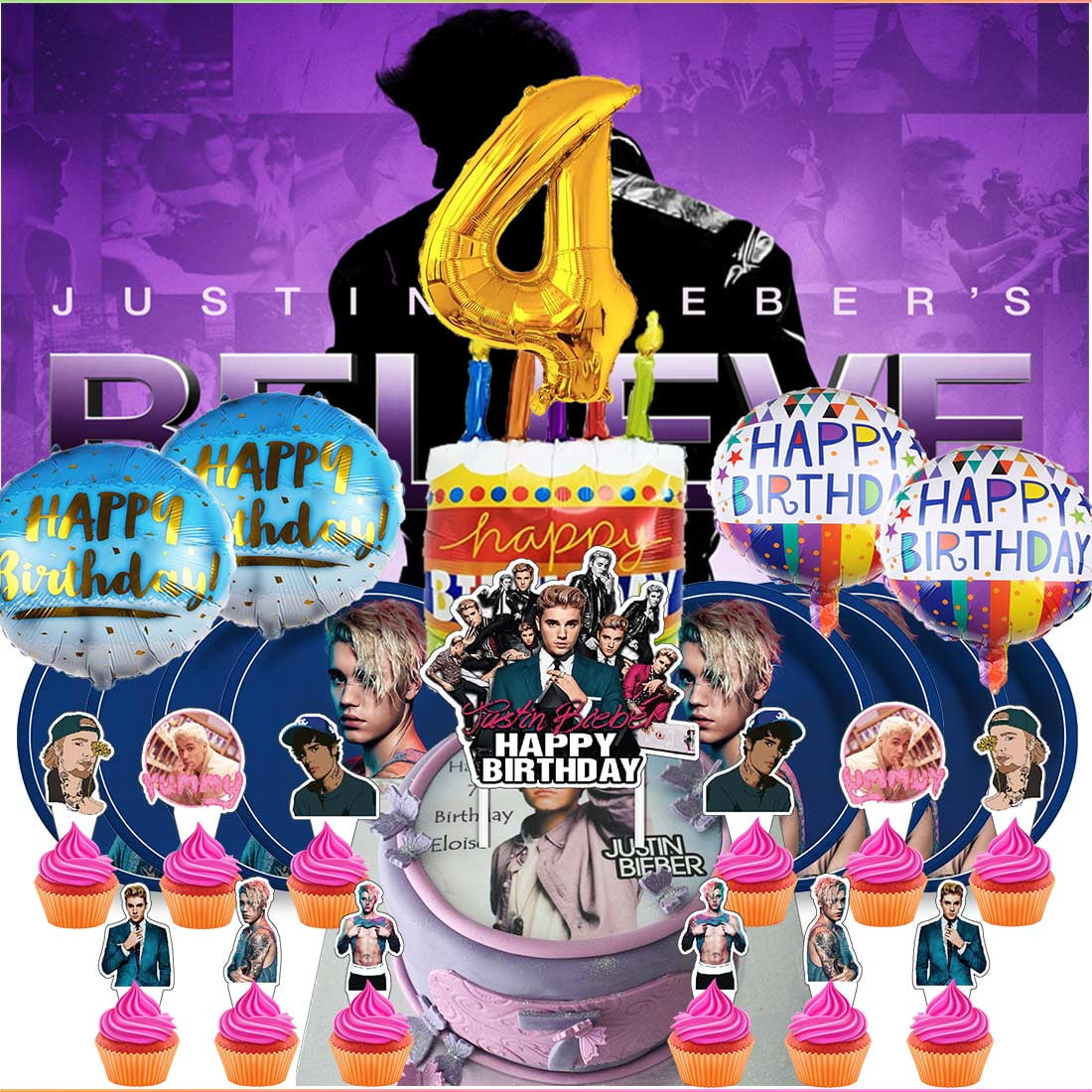 Justin Bieber 4th Tableware Balloons Cake Toppers Backdrop Banner ...