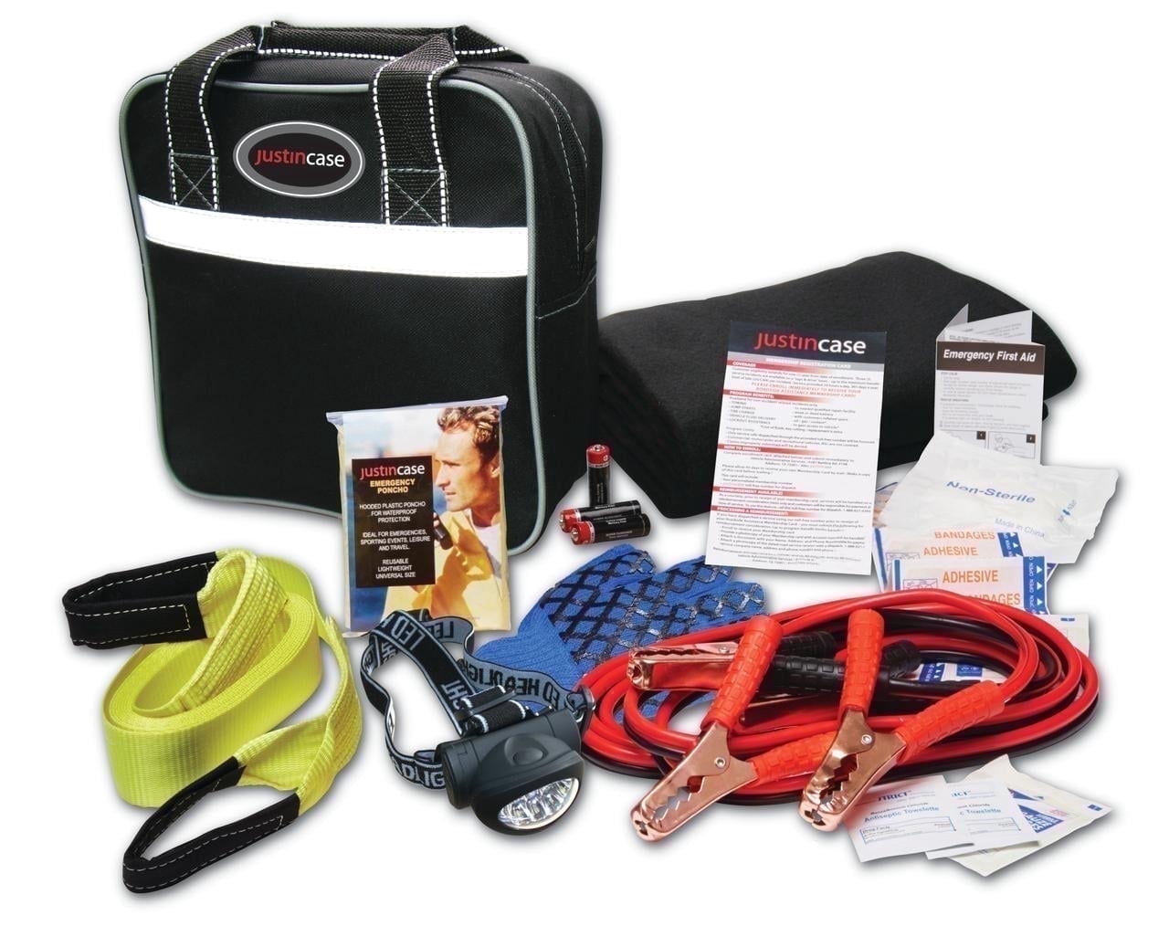 Justin Case Auto Safety Kit with Jumper Cables Tow Strap LED Headlamp ...