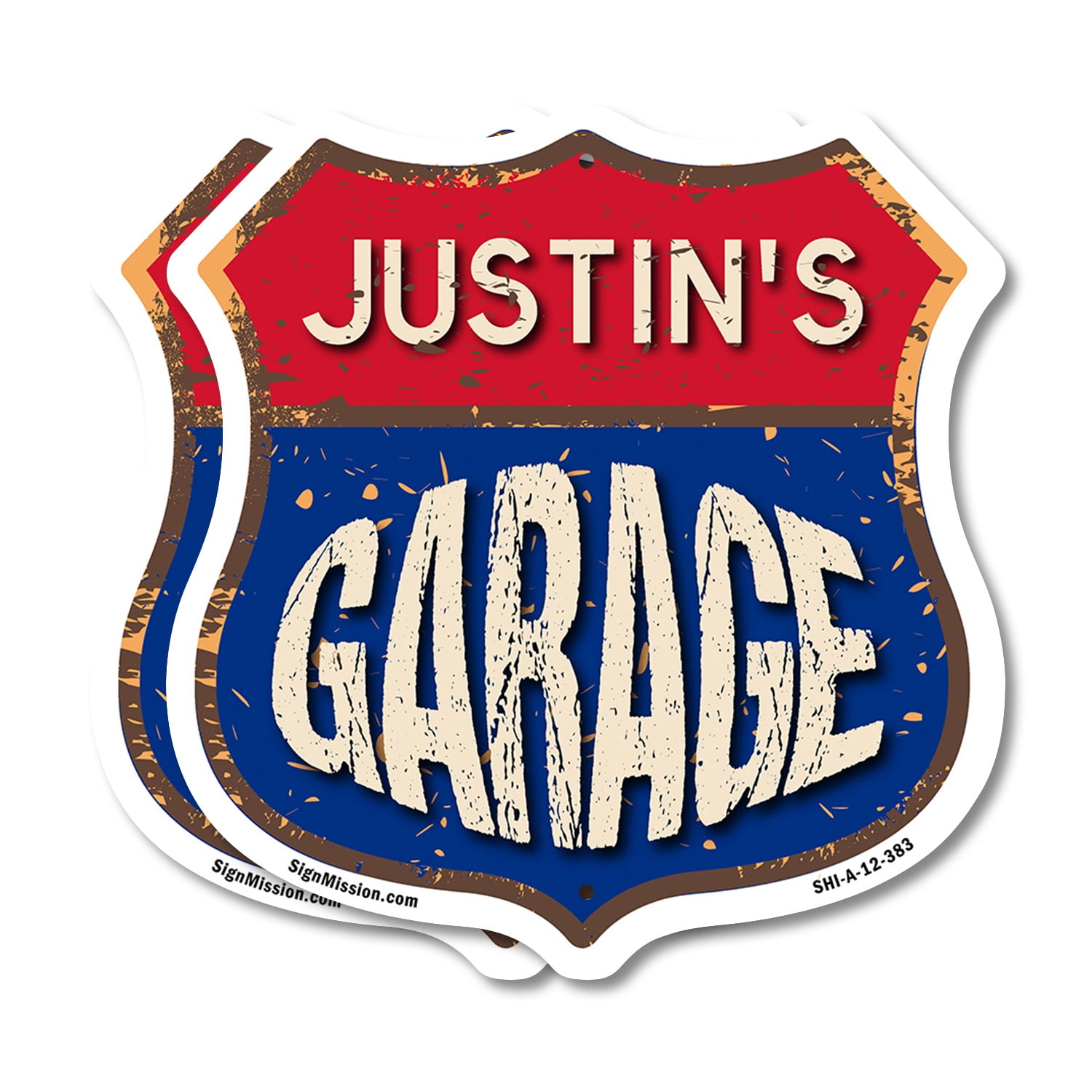 Justin's Garage (2 Pack) 12 inch X 12 inch Shield Shaped Commercial Grade Plastic Signs Weather ...