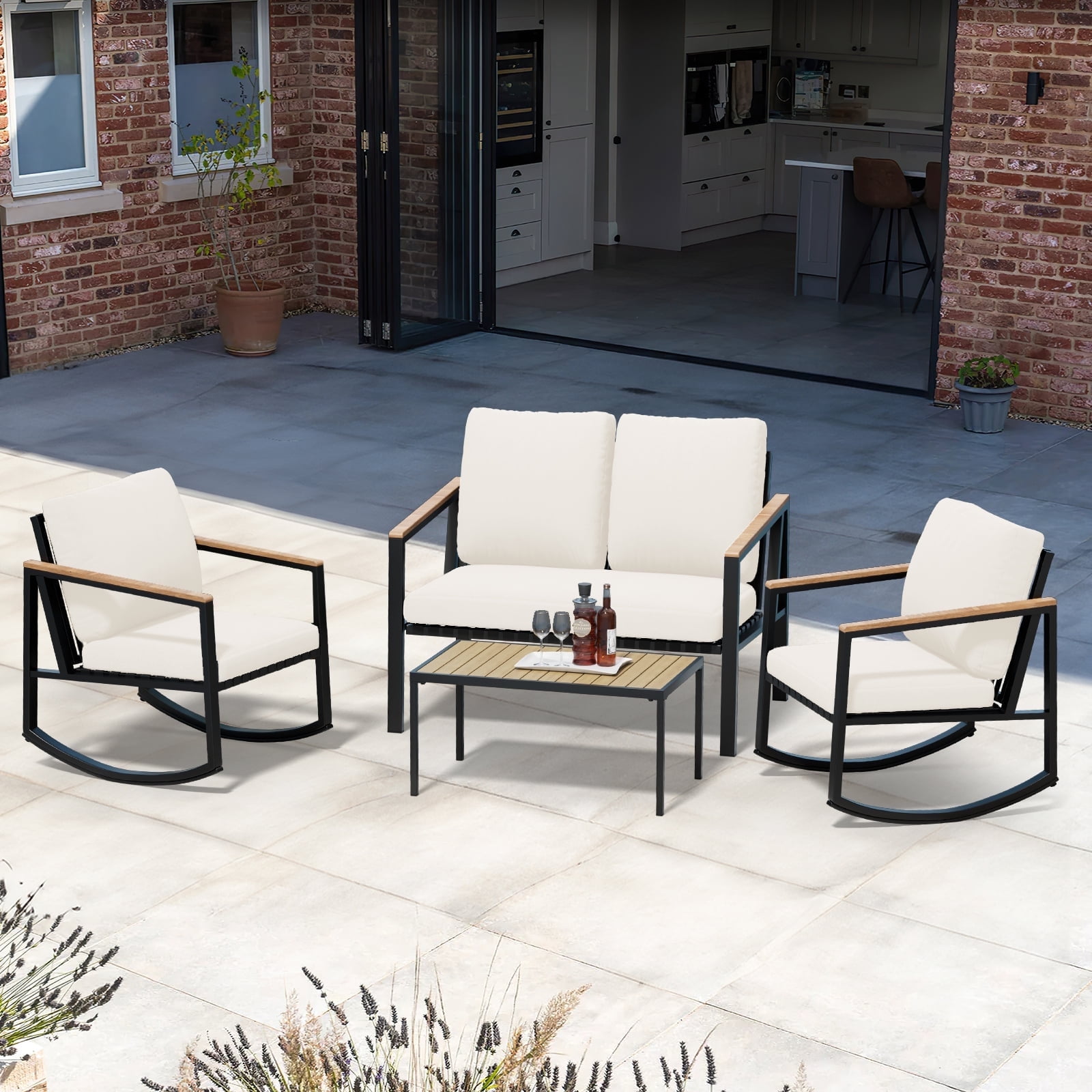 JUSTLET 4-Piece Patio Set, Metal Outdoor Set with Table, 2 Rocking ...