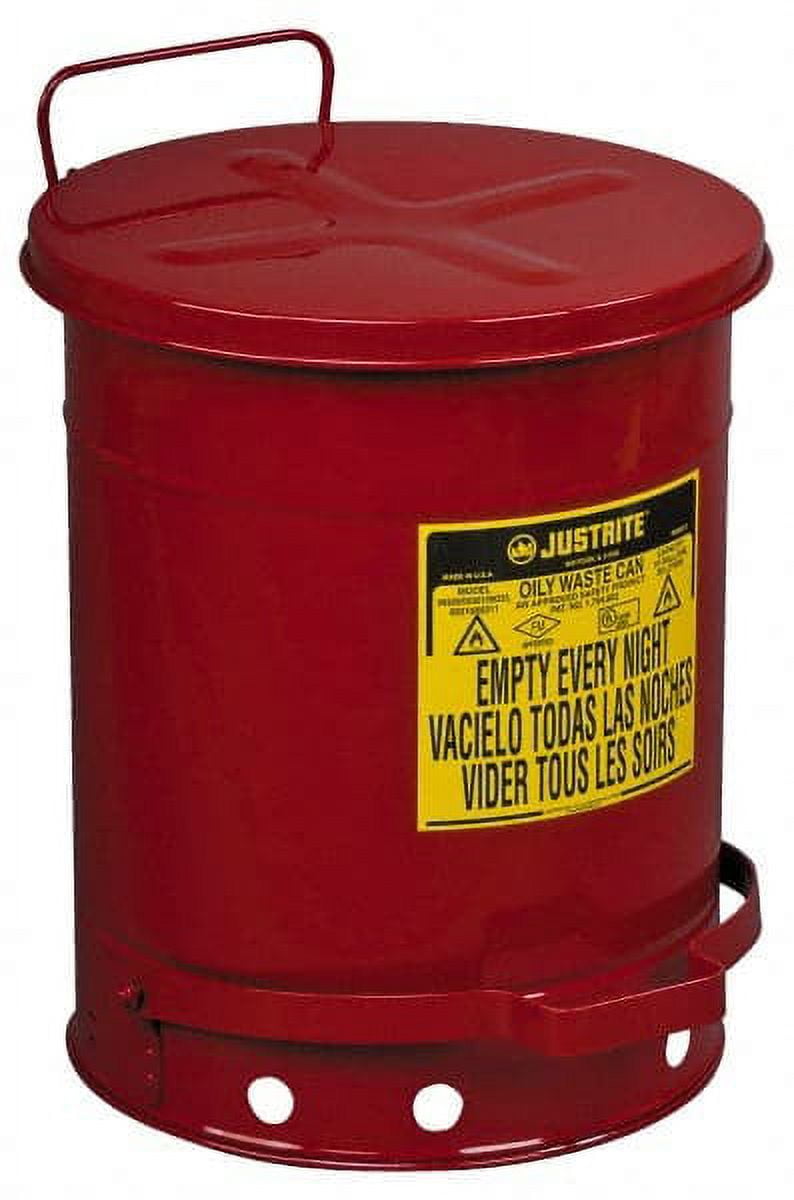 Justrite Large Industrial 10 Gallon Red Oily Waste Container with Hands ...