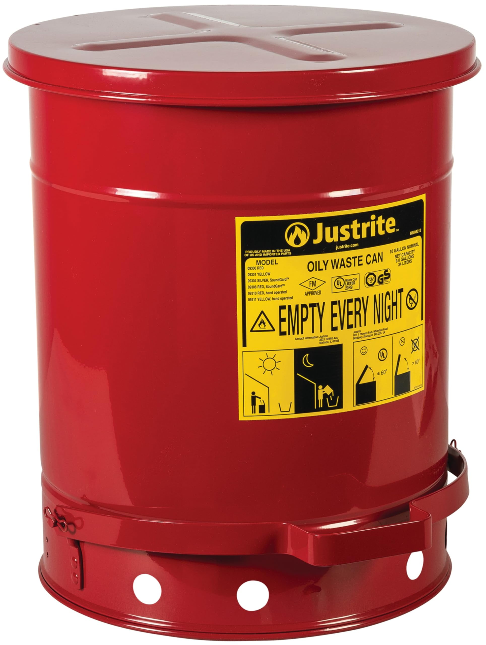 Justrite 10 Gallon Galvanized Steel Oily Waste Can, 18" x 14" Metal Oil ...