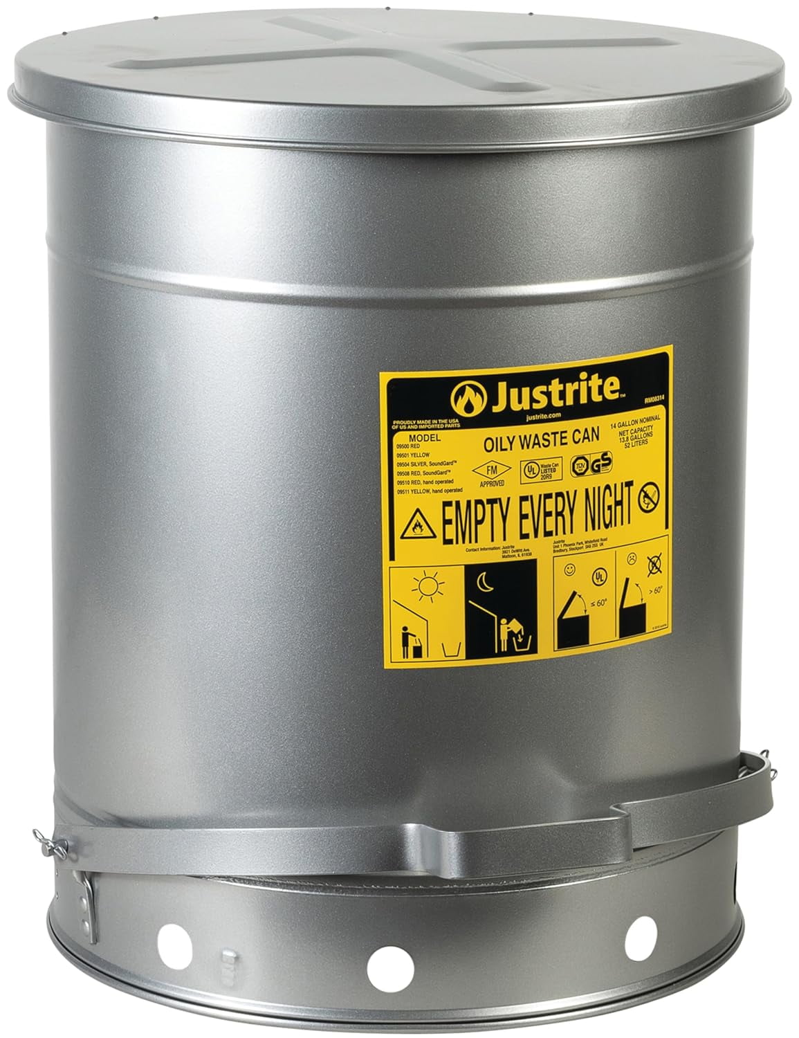 Justrite 14 Gallon Galvanized Steel Oily Waste Can, 20" x 16" Metal Oil ...