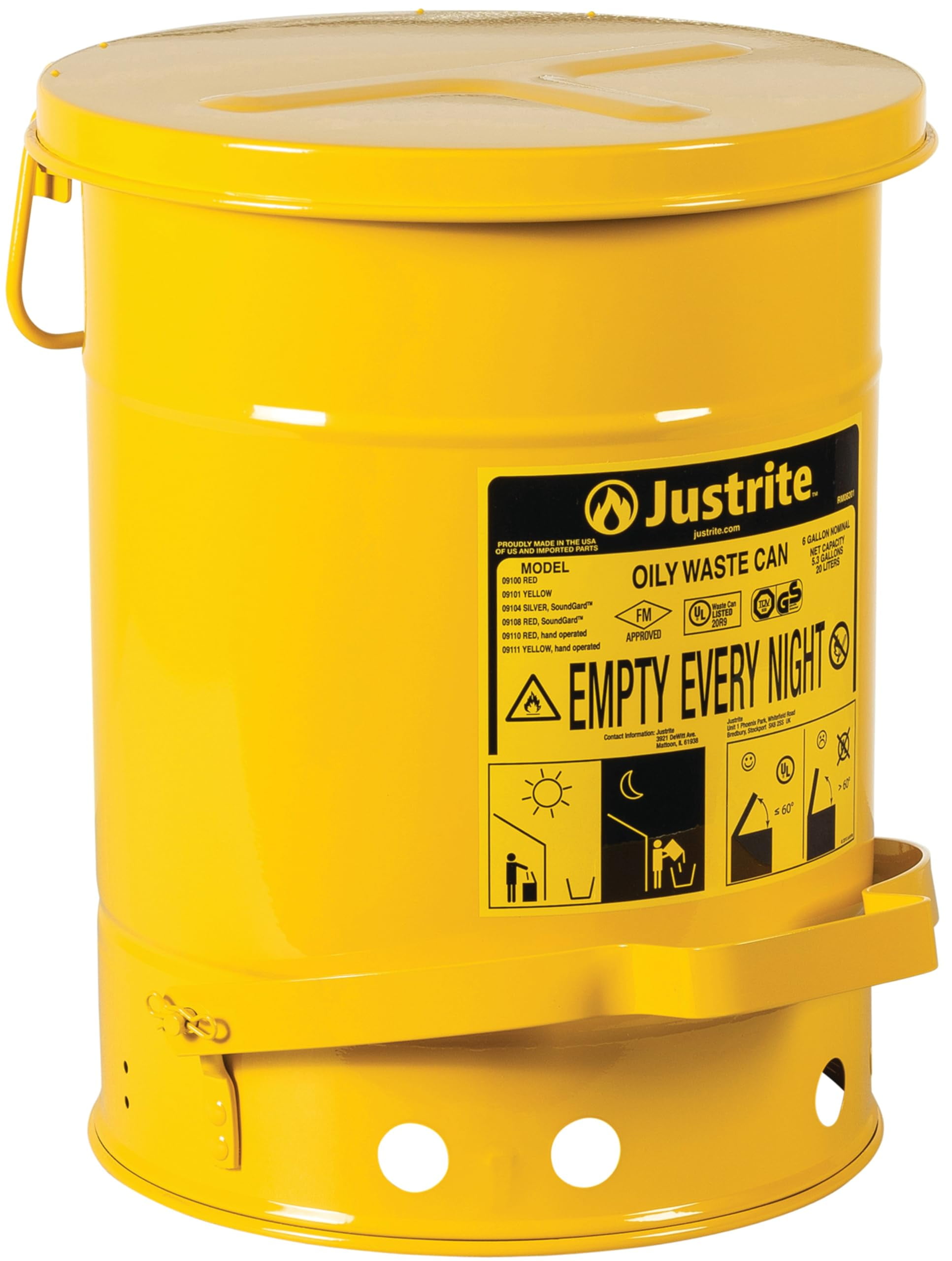 Justrite 6 Gallon Galvanized Steel Oily Waste Can, 16" x 12" Metal Oil ...