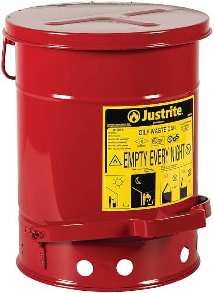 Justrite 6 Gallon Galvanized Steel Oily Waste Can, 16" x 12" Metal Oil ...