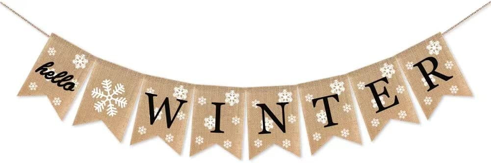Jute Burlap Hello Winter Banner Snowflake Christmas Holiday Mantel ...