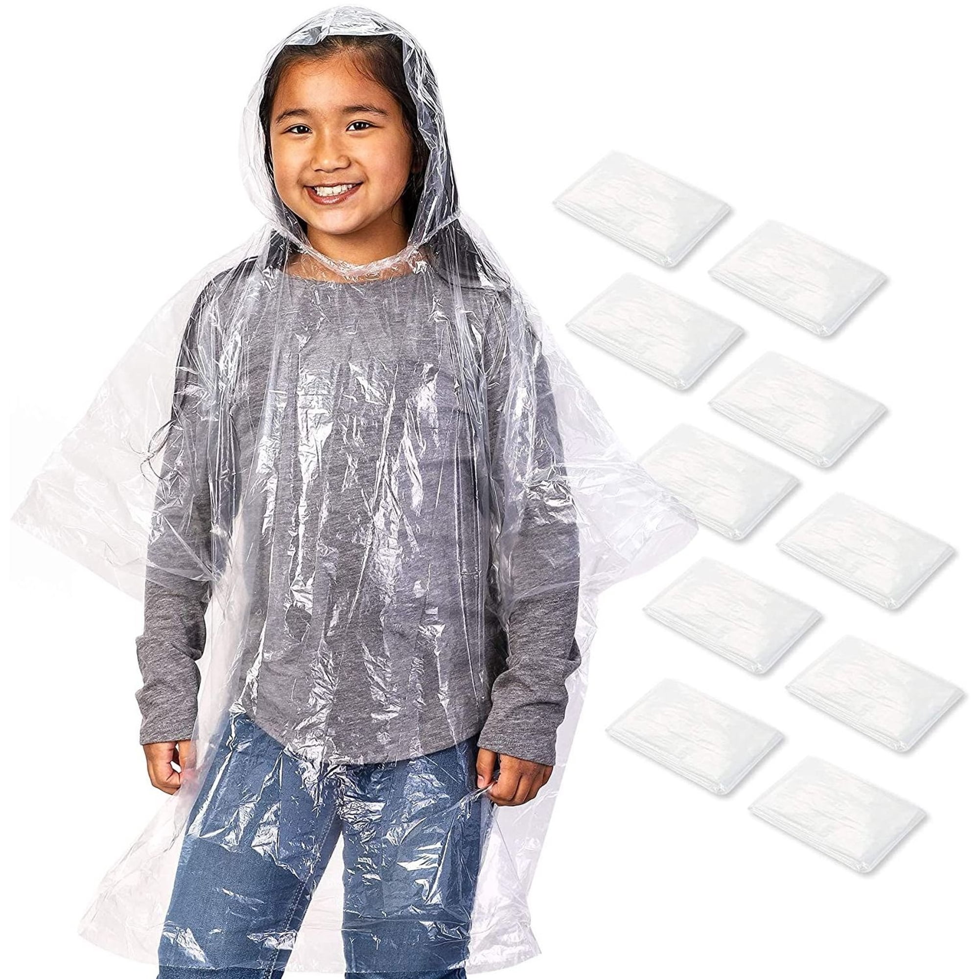 Juvale 10-Pack Kids' Disposable Rain Ponchos - Emergency Hooded Plastic ...