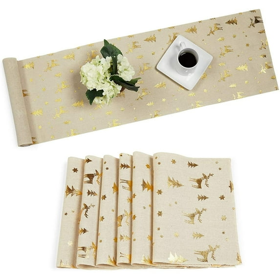 Juvale Christmas Gold Foil Dining Table Runner and Placemats, Set of 6 ...