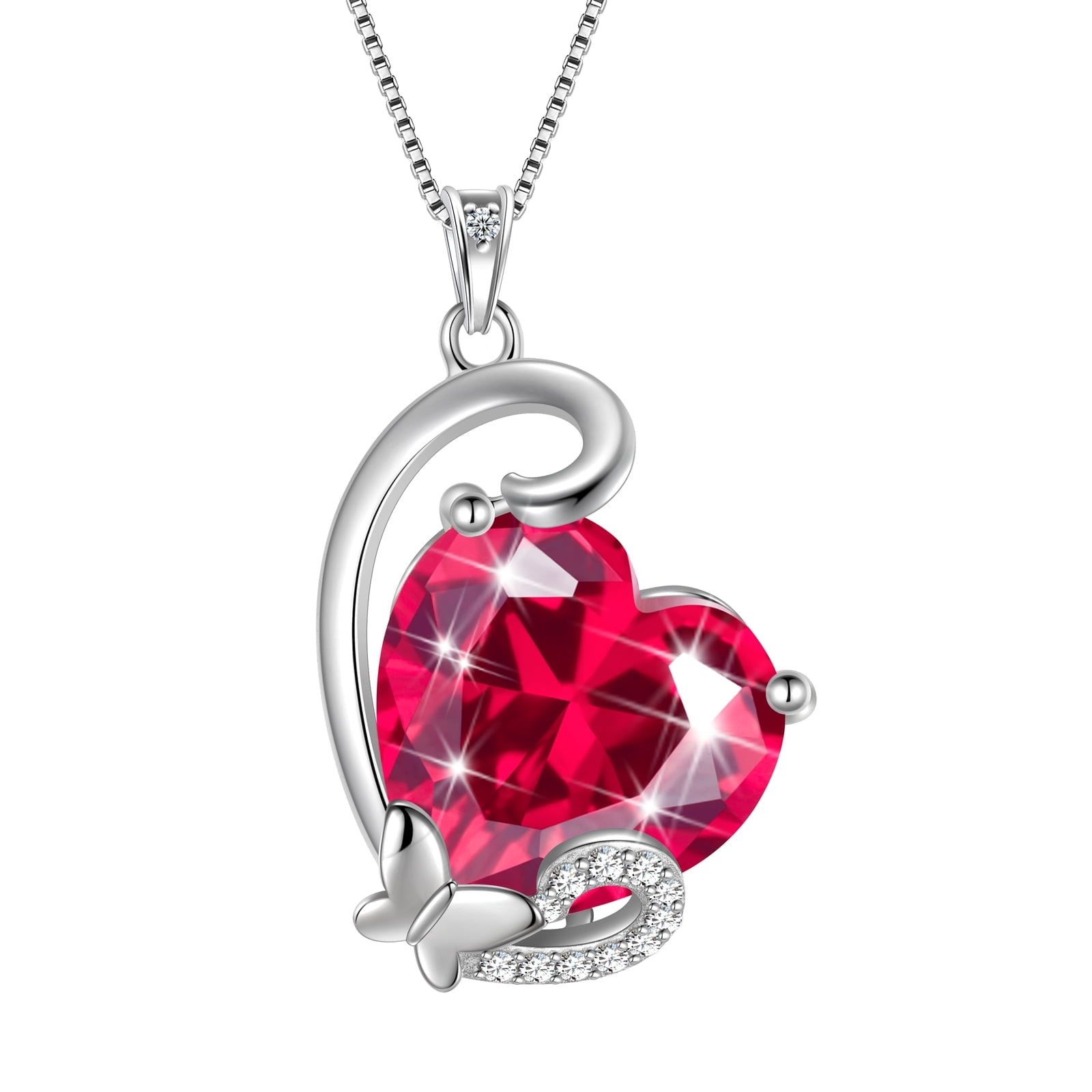 Juwaliy July Birthstone Heart Necklace Butterfly Jewelry Pendant Red ...