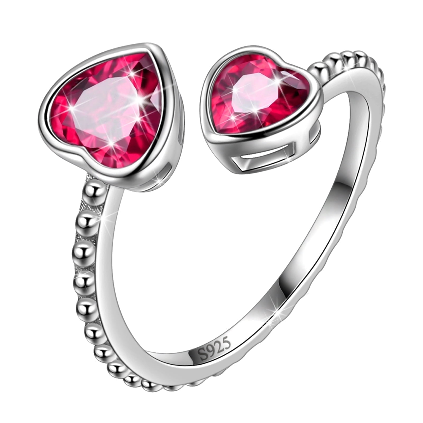 Juwaliy July Birthstone Ring Ruby 925 Sterling Silver Double Hearts ...