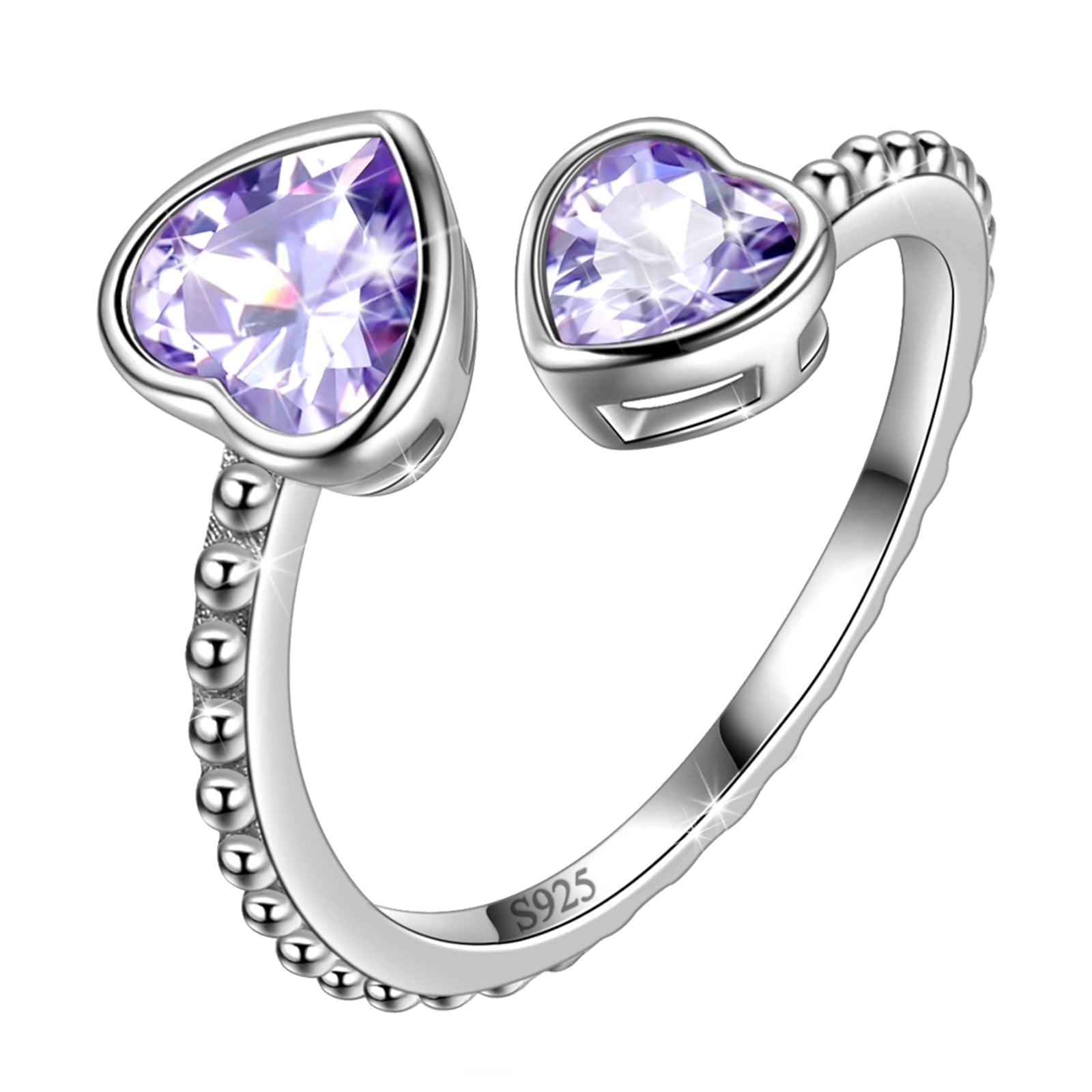 Aurora Tears Sterling Silver Double Hearts Ring with Alexandrite June Birthstone, Purple ...