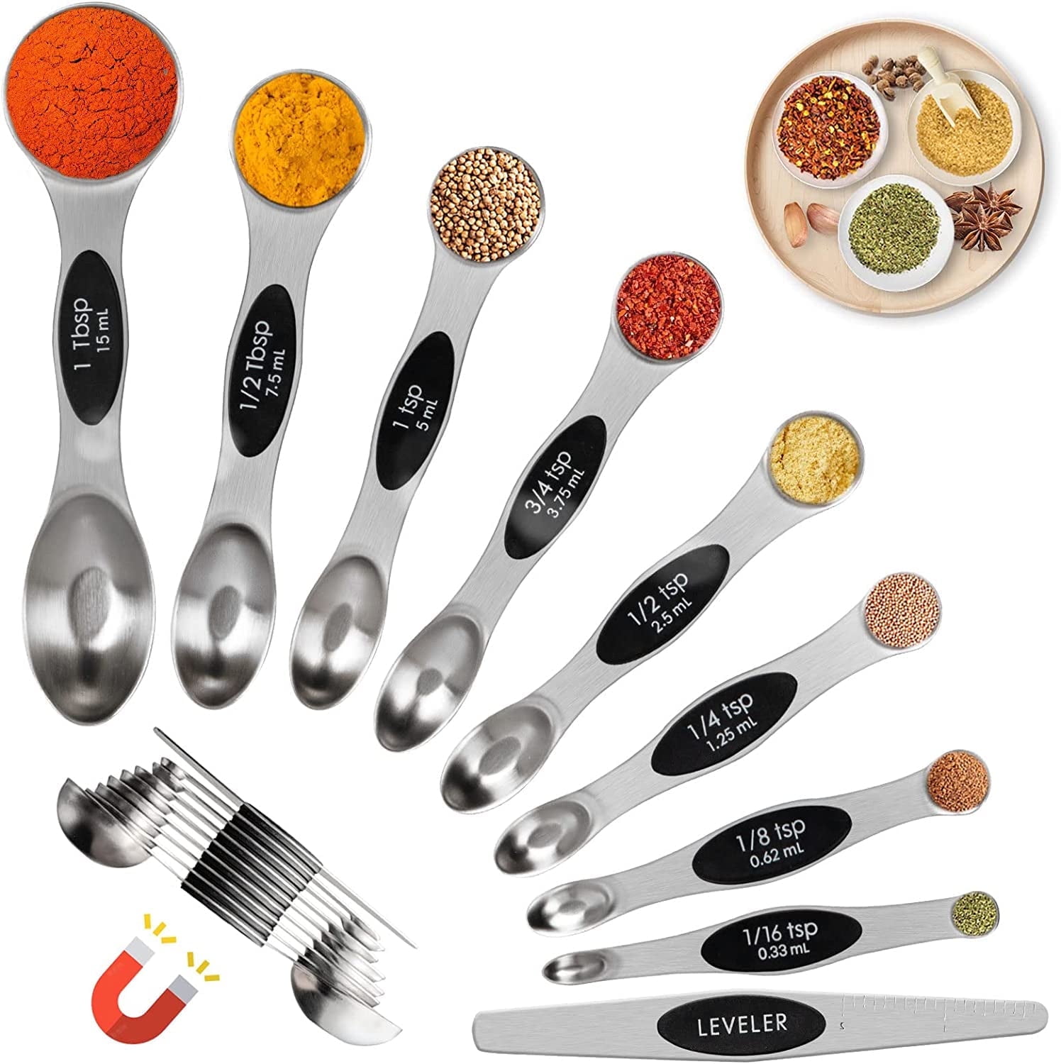 Juyafio 9-Piece Measuring Spoons Stainless Steel Dual-Sided, Fits in ...