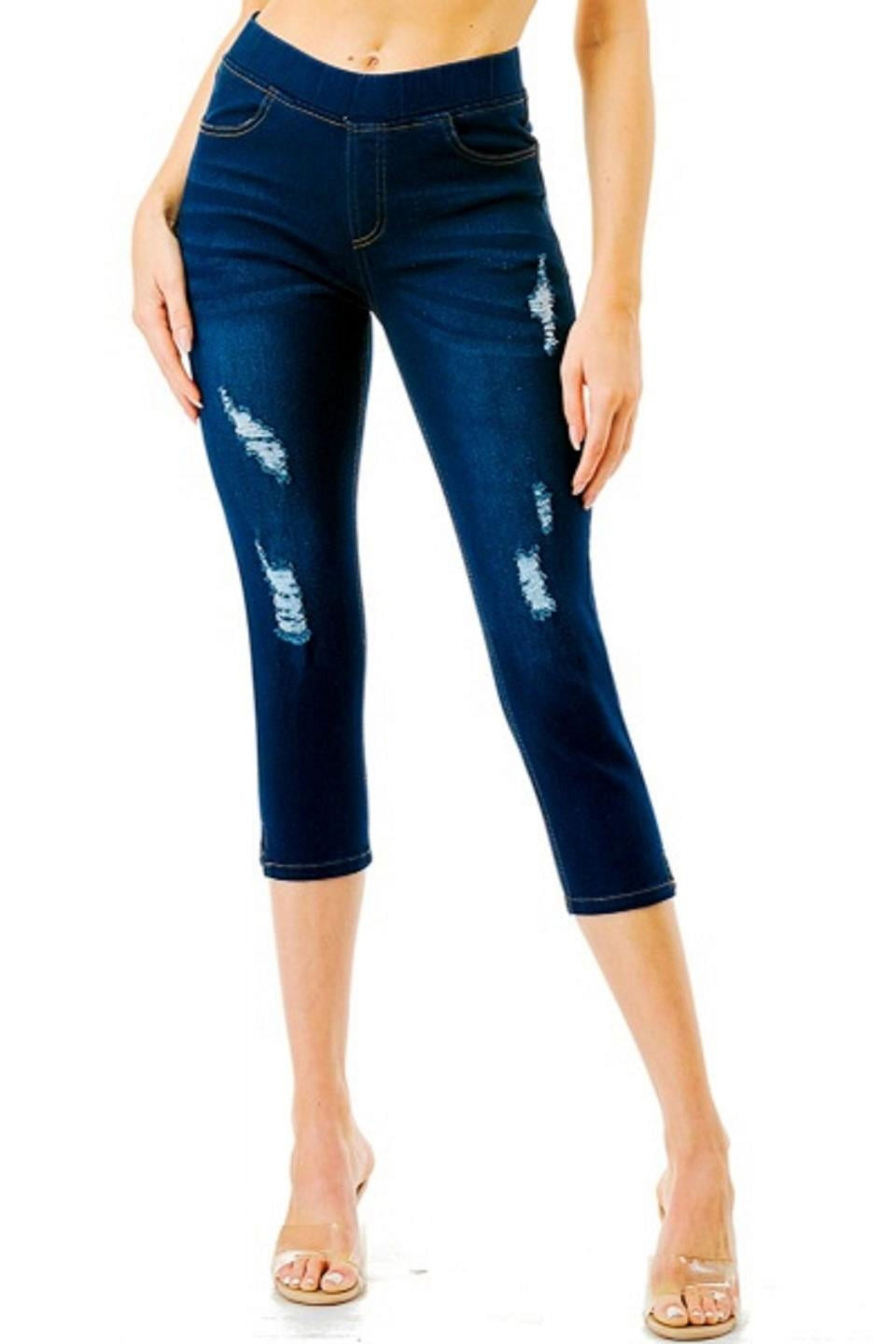 Jvini High rise Cotton Blend Dark Blue-Ripped Capris (Women's S ...