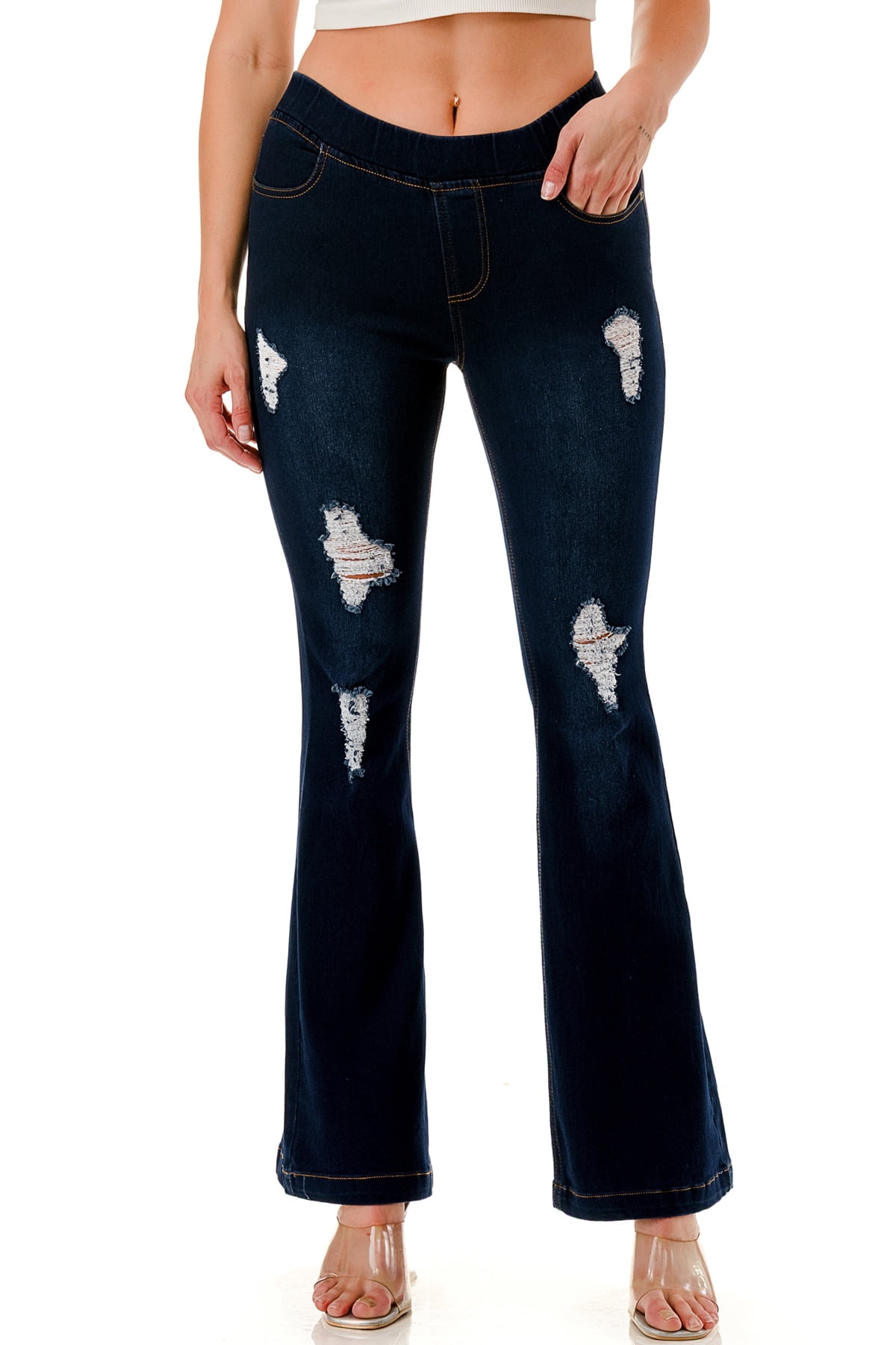 Jvini Women's Flare Jeans Pull-On Flared Leg Denim Jeggings Fitted Dark ...