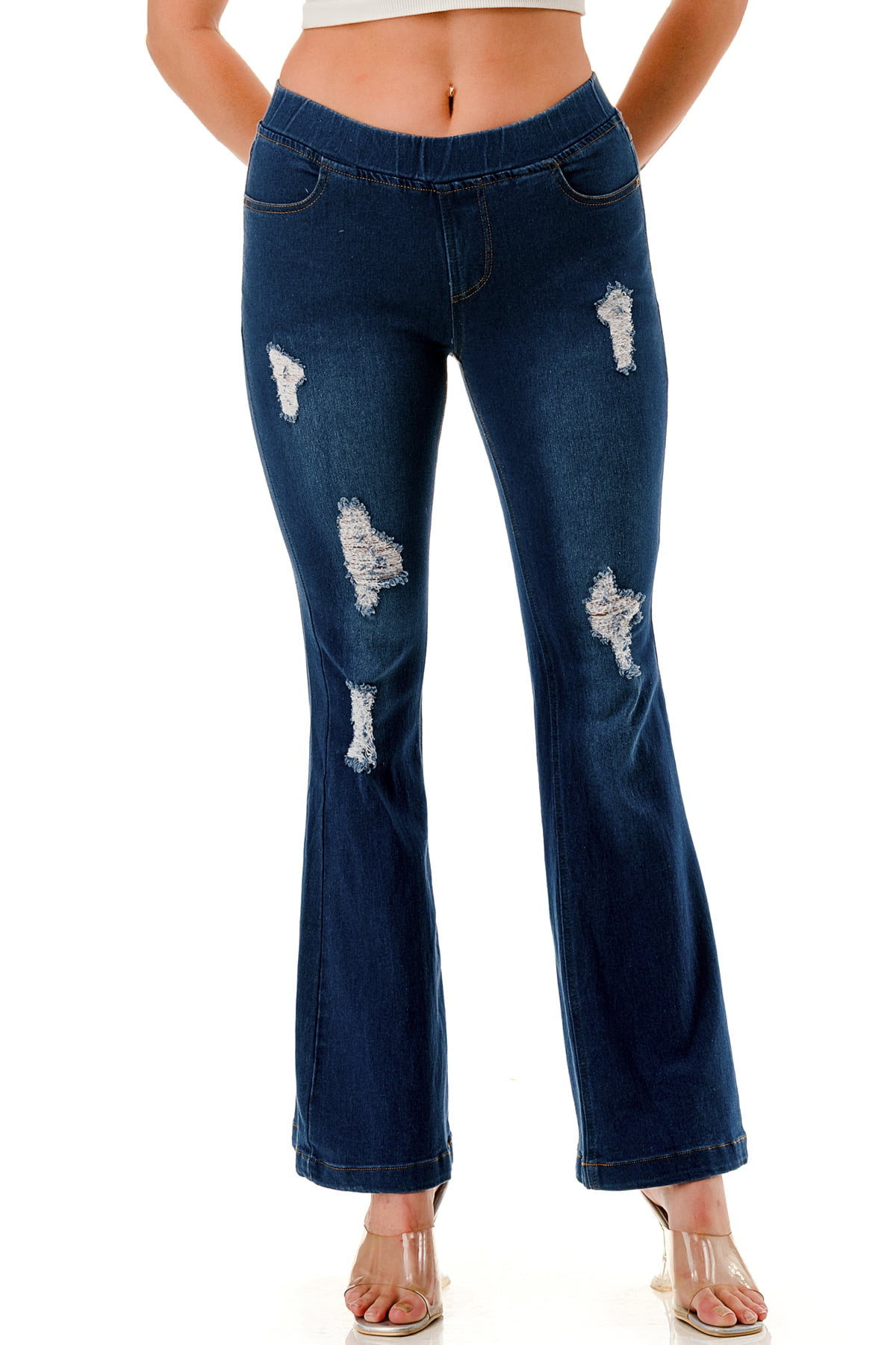 Jvini Women's Flare Jeans Pull-On Ripped Distressed Flared Denim ...