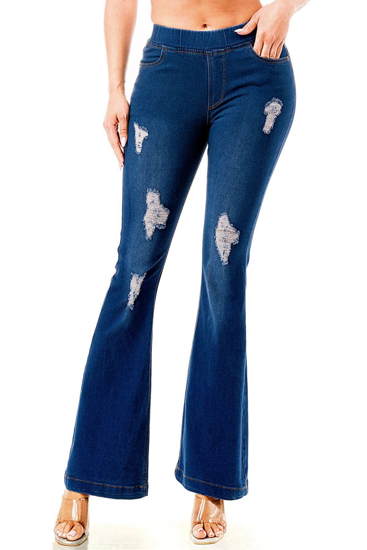 Jvini Women's Flare Jeans Pull-On Ripped Distressed Flared Denim ...