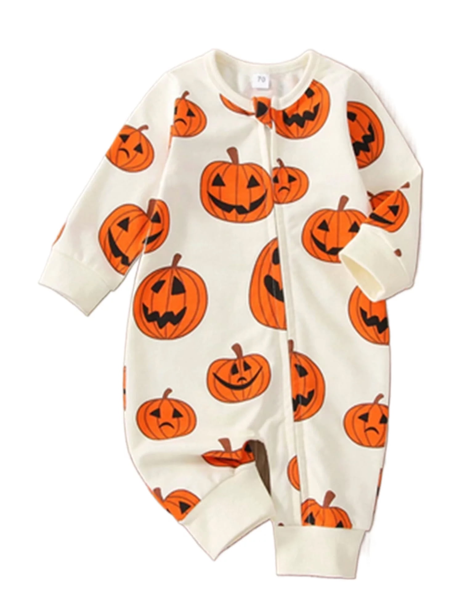 Jxzom Infant Baby Boy Girl Halloween Outfit Pumpkin Print Long Sleeve Romper Oversized Zipper ...
