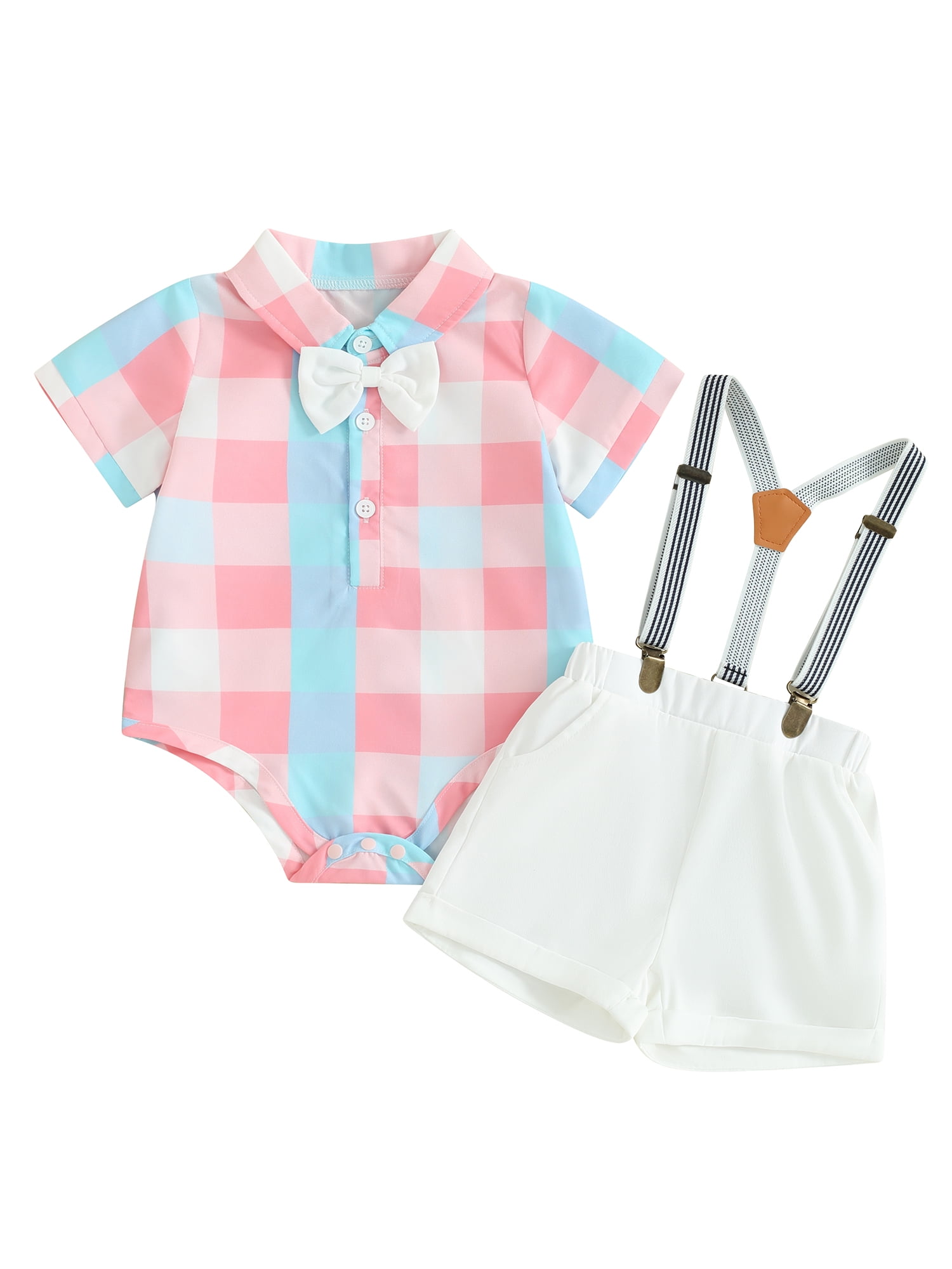 Jxzom Toddler Baby Boy Gentleman Outfits Suits 3 6 12 18 Months Plaid Buttons Short Sleeve Bow ...